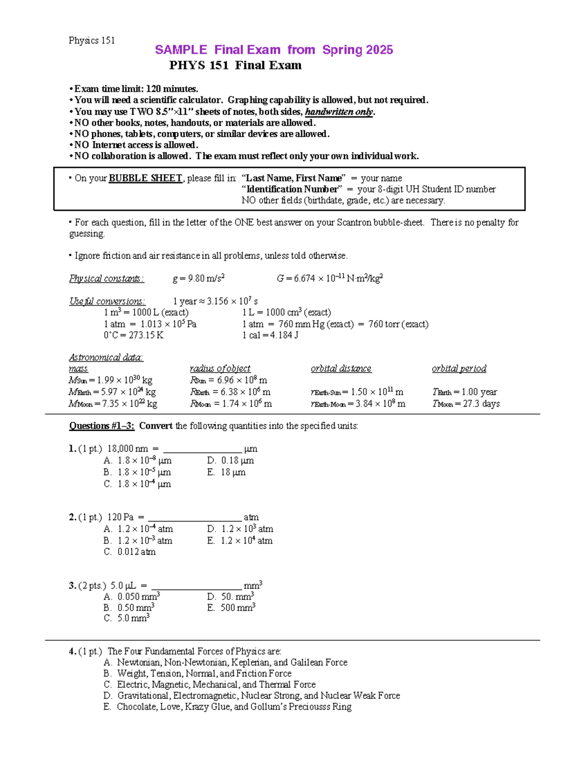 PHYS 151 Final Exam Sample Questions - Spring 2025 - Studocu