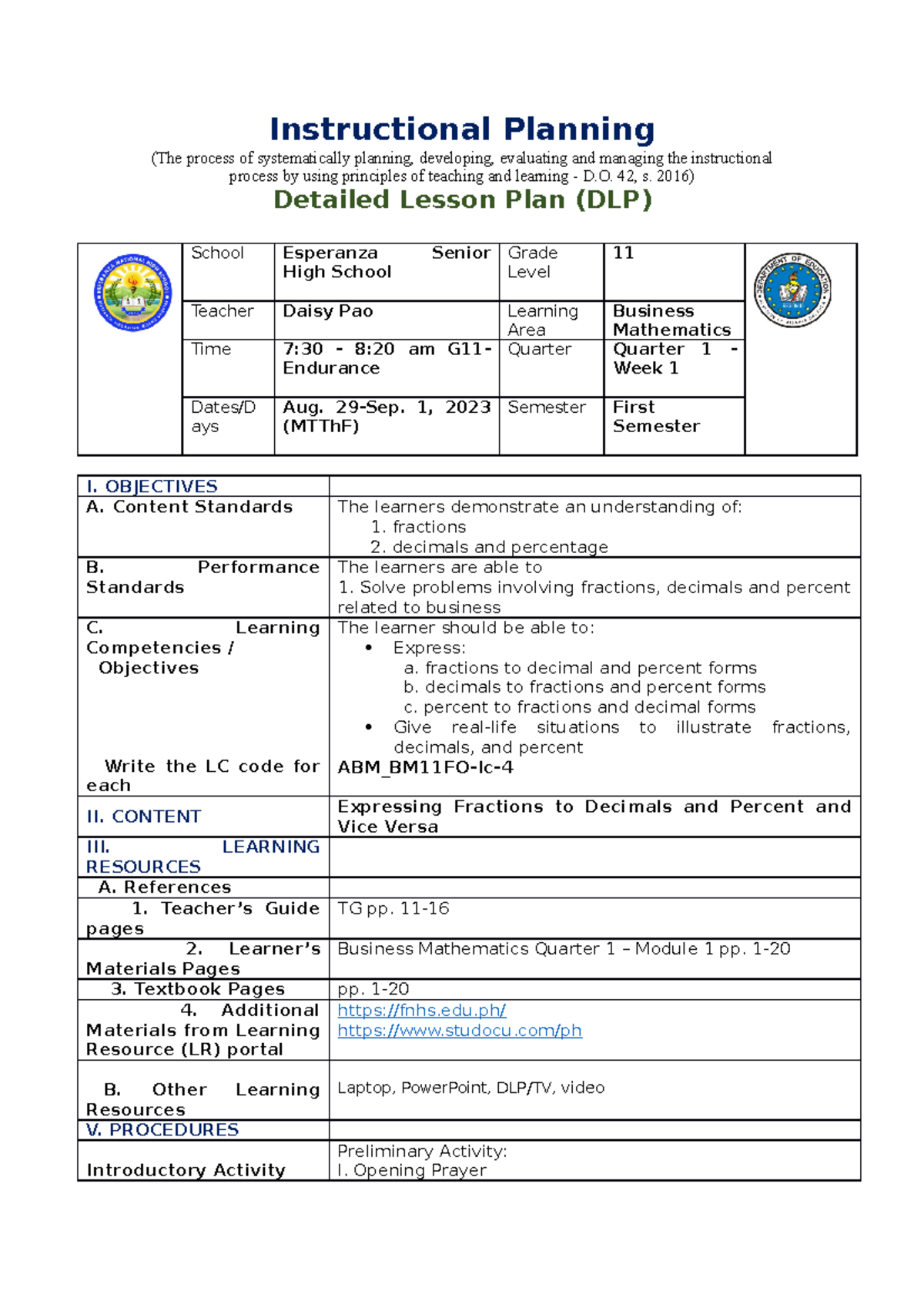 DLP-BM11 Q1 W1 - Lesson Plan for Business Math (Fractions, Decimals, Percents) - Studocu