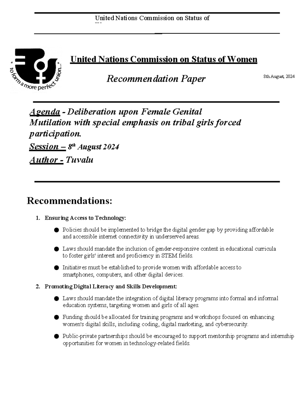 Recommendation Report on Female Genital Mutilation - UNCSW 2024 - Studocu