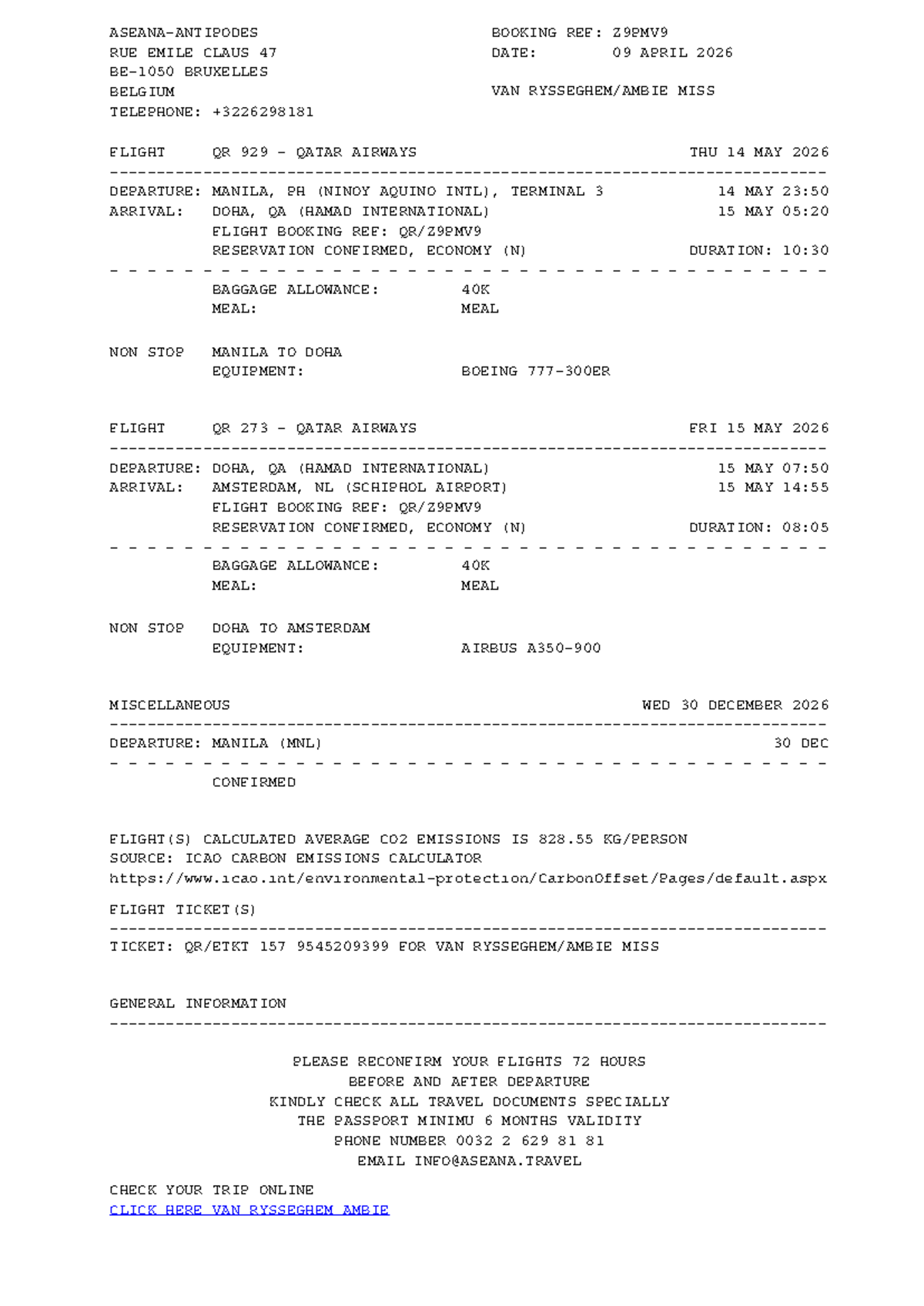 Itinerary for Flight QR 929 & QR 273 - ASEANA Travel - Studocu