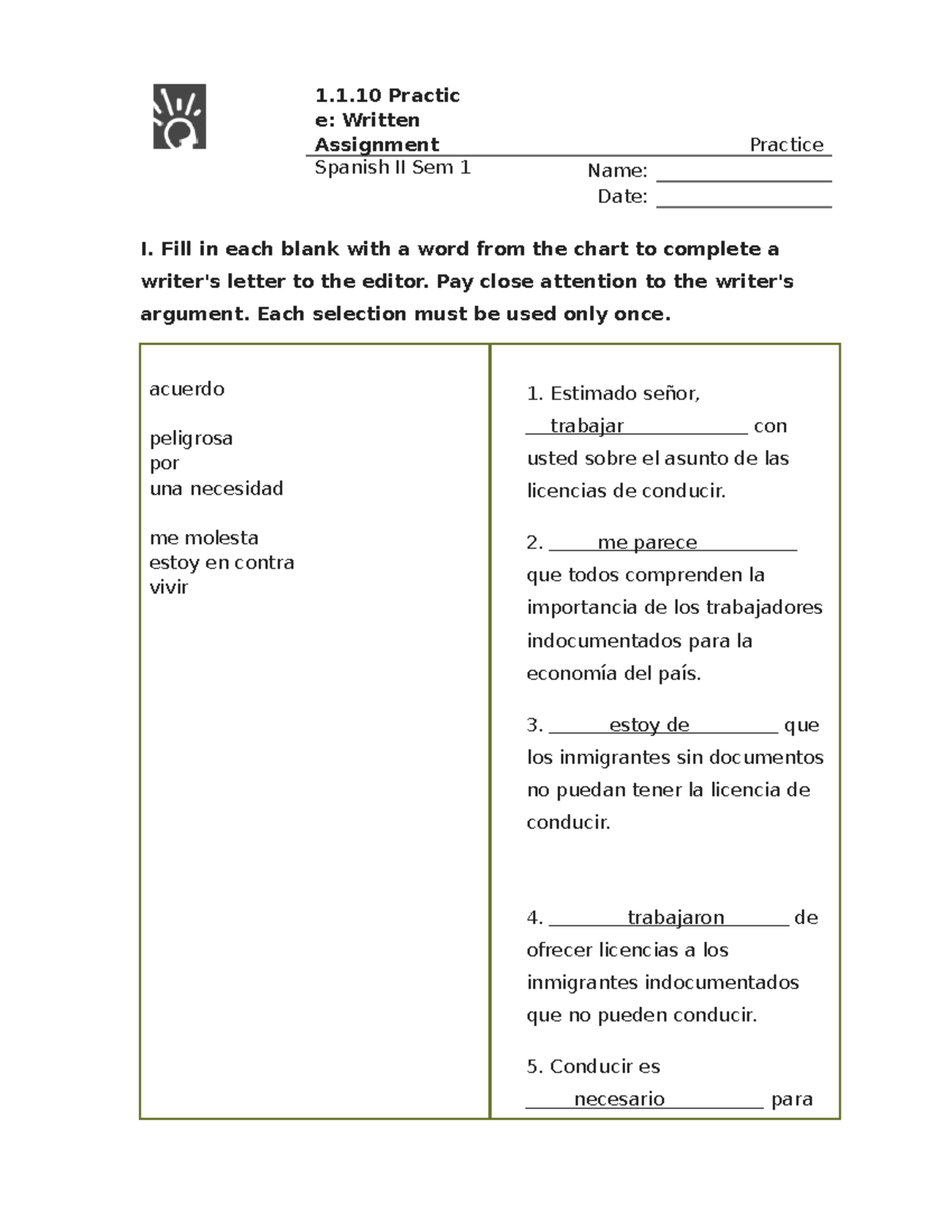 1.1.10 Practice: Spanish II Written Assignment Exercise - Studocu