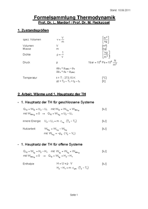 Formelsammlung Thermodynamik - - Studocu
