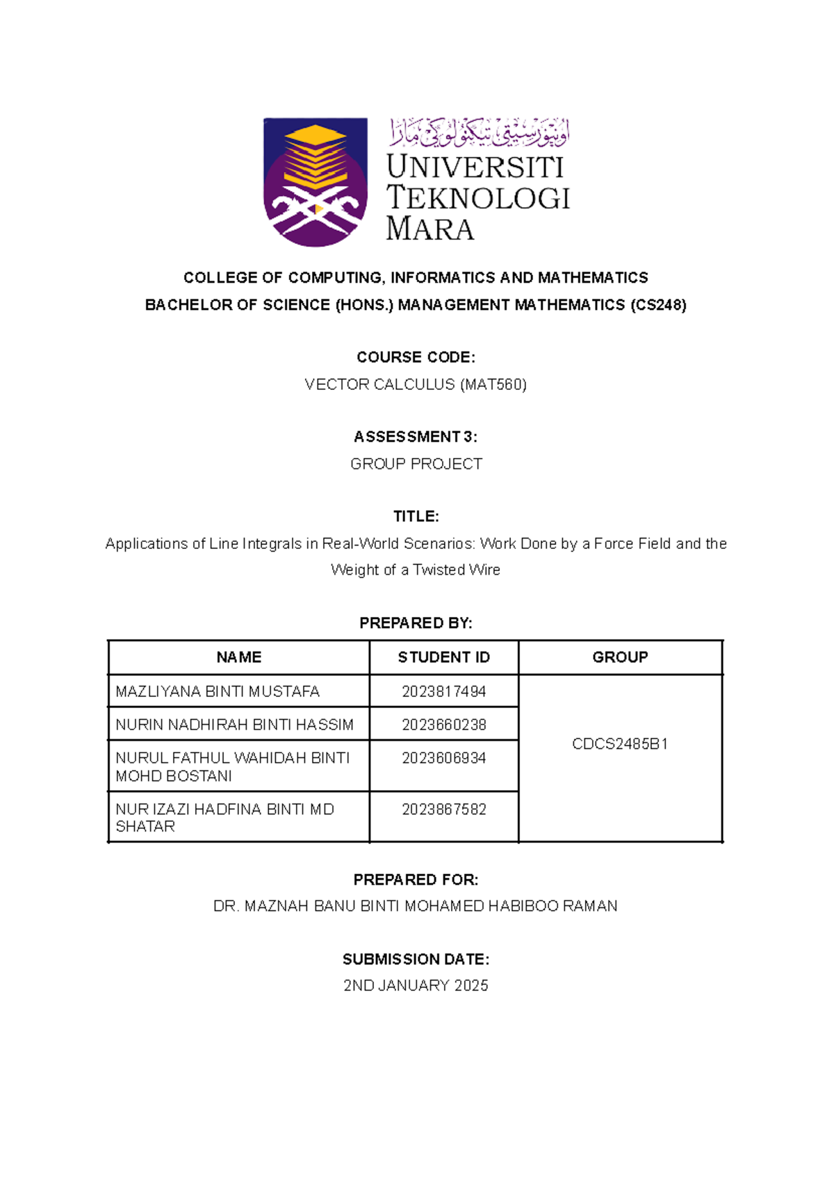 MAT560 - Applications of Line Integrals: Group Project Report - Studocu