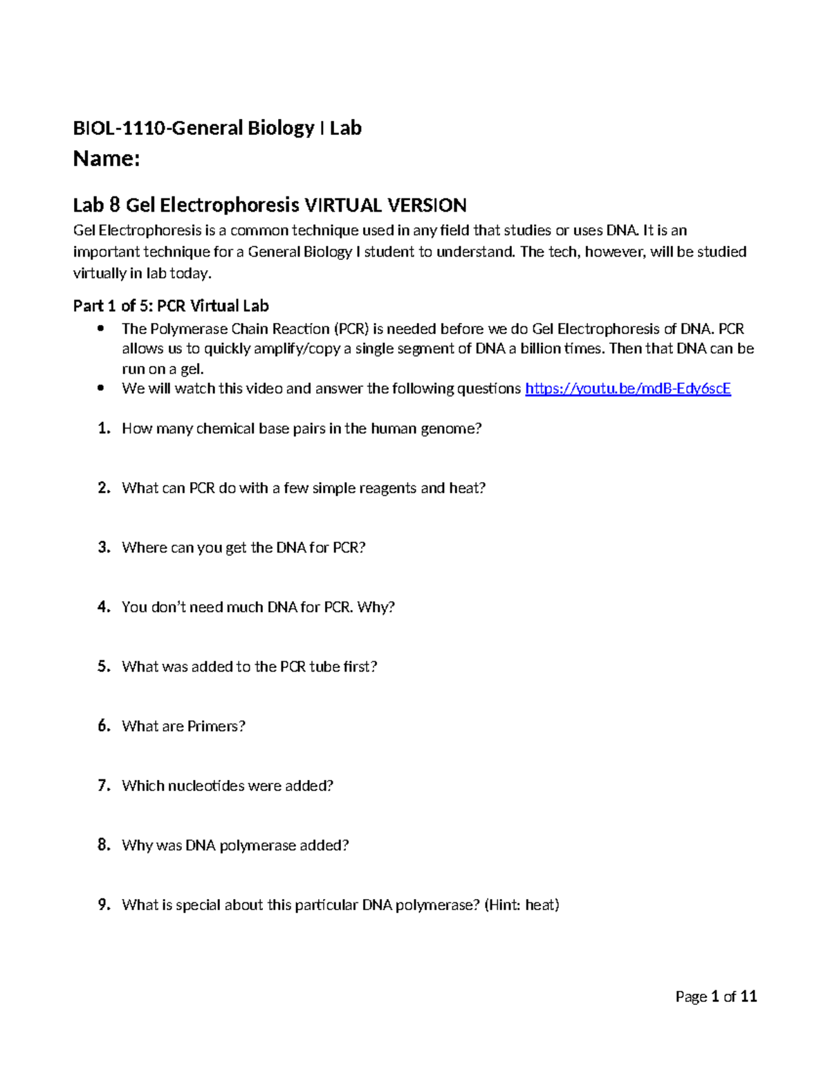 Lab 8: Virtual Gel Electrophoresis and DNA Analysis for BIOL-1110 ...