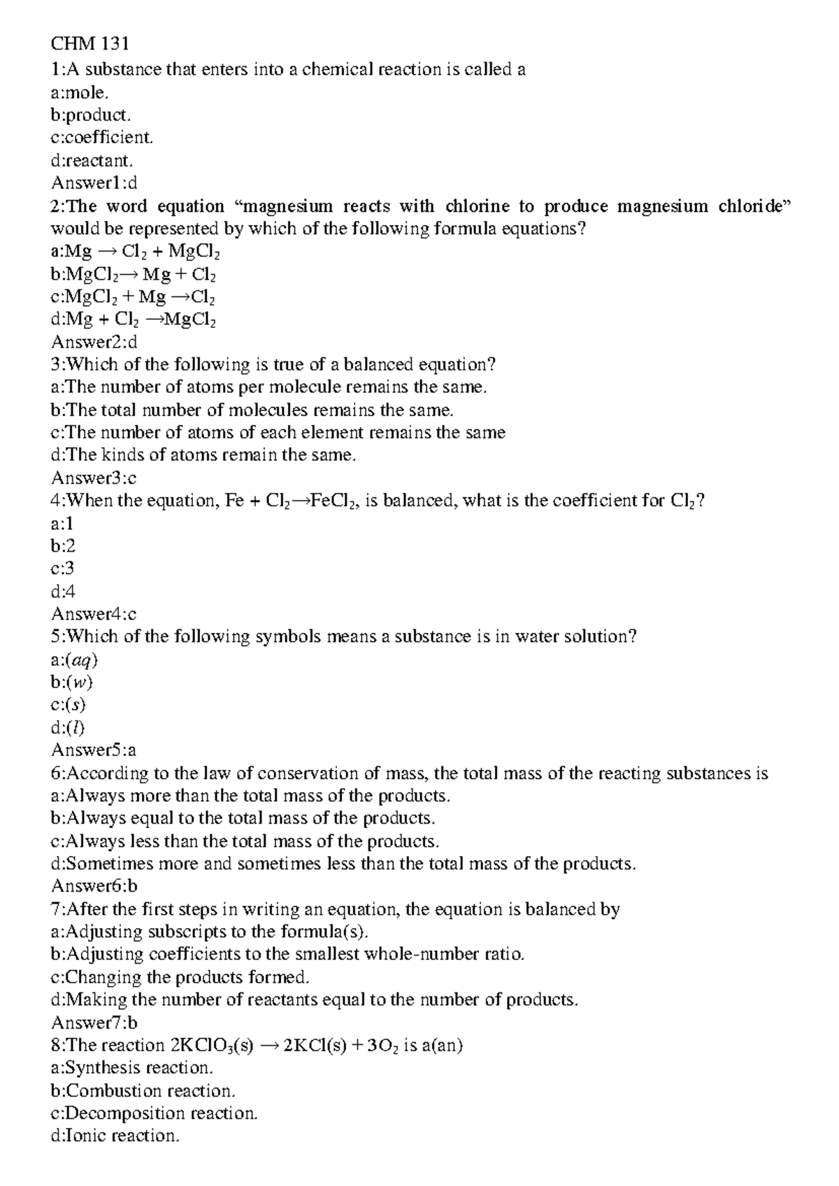 CHM 131 - Practice Questions and Answers for Exam Preparation - Studocu