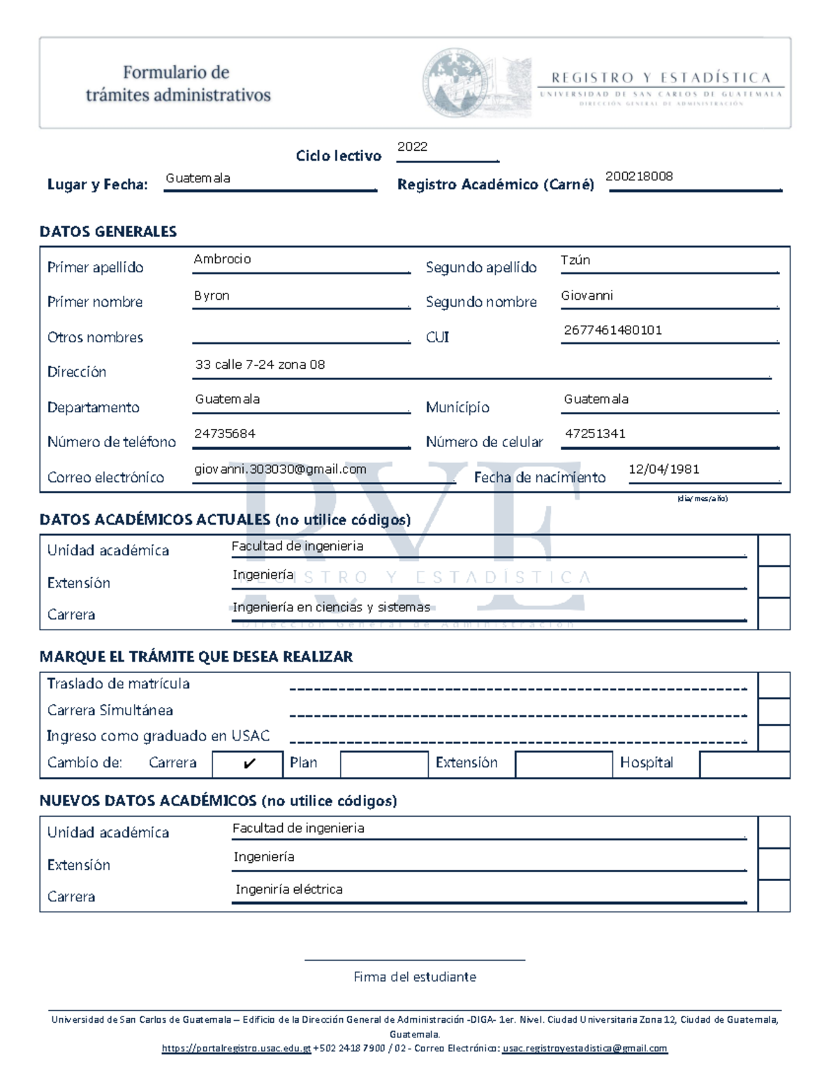 Formulario rye editable 2022 - Universidad de San Carlos de Guatemala - Edificio de la Dirección ...