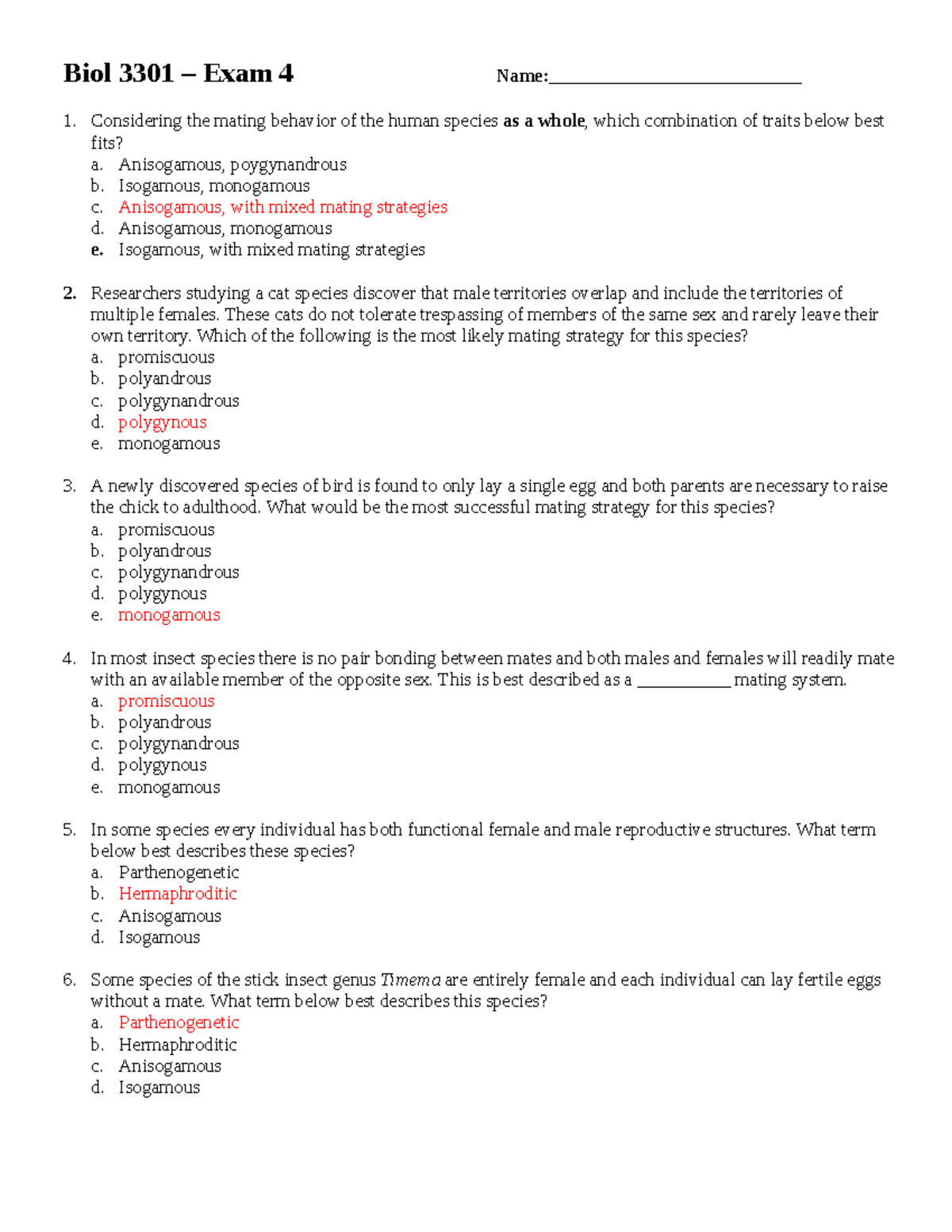 Exam 4 test Key - test bank - Biol 3301 – Exam 4 Name ...