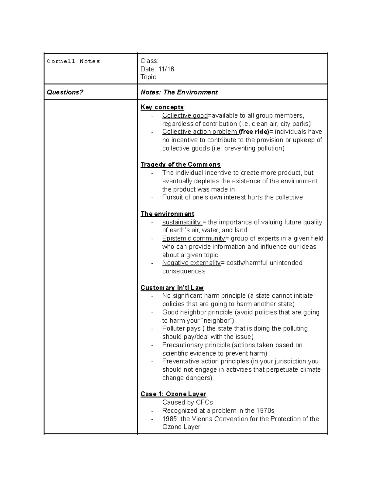 Cornell Notes on Environment & Human Rights - Class 11/16 & 11/18 - Studocu