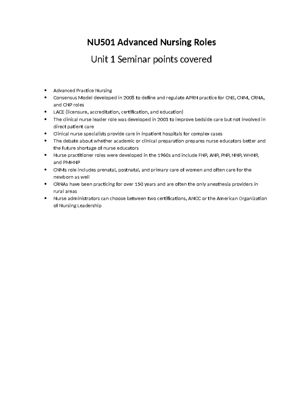 NU501 Advanced Nursing Roles: Key Seminar Insights and Concepts - Studocu