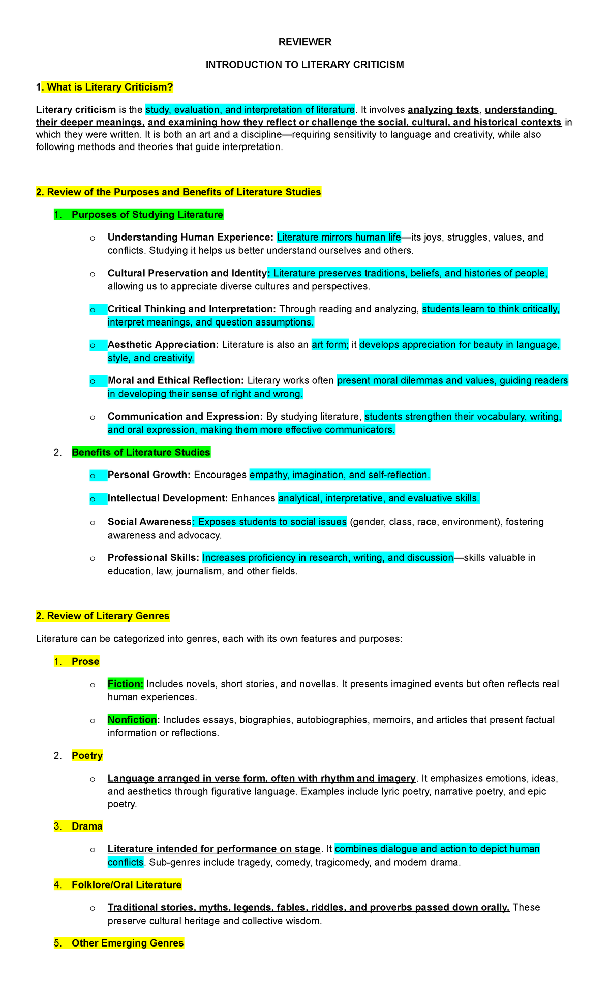 REVIEWER: INTRODUCTION TO LITERARY CRITICISM (LIT 101) - Studocu