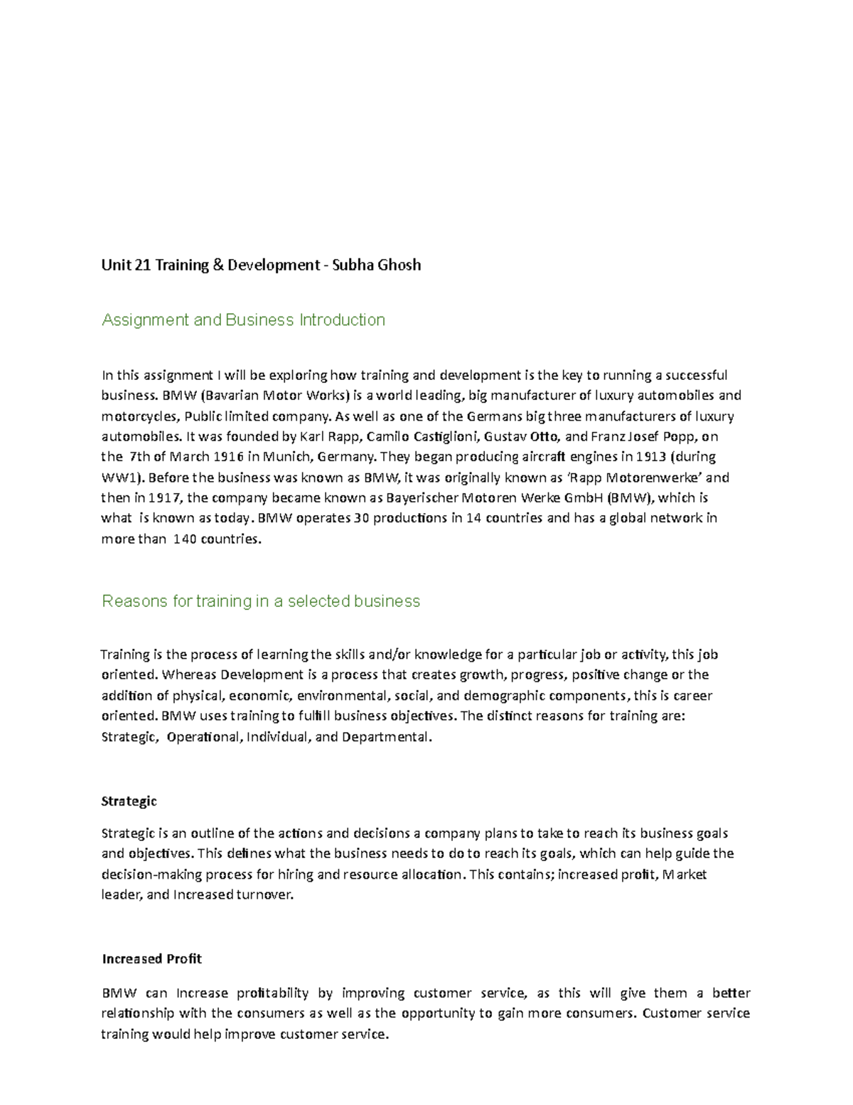 Unit 21 Training & Development: Key to BMW's Business Success - Studocu