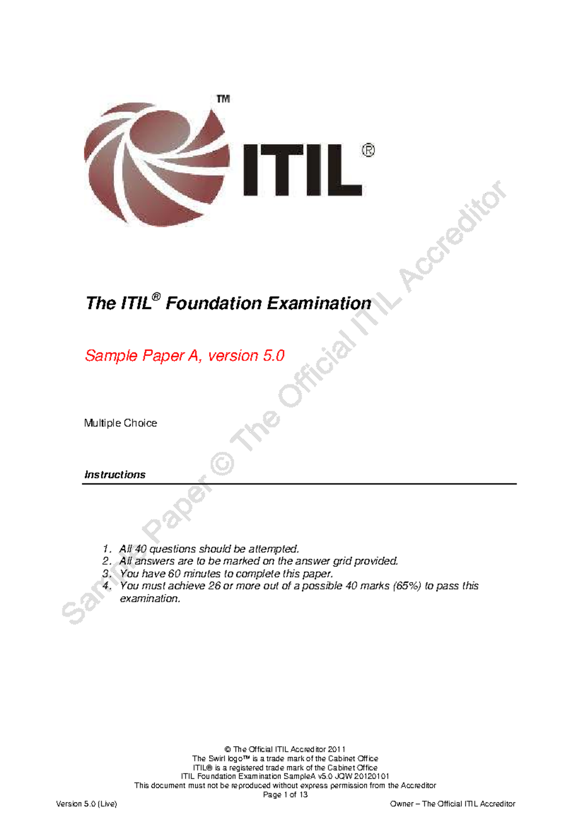 ITIL Foundation Exam Sample A v5.0 - Multiple Choice Questions - Studocu