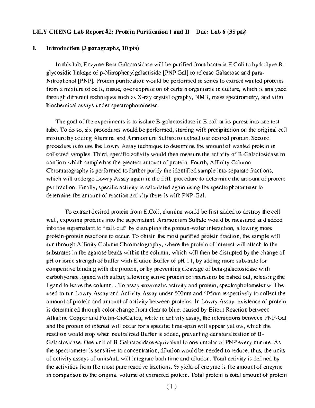 LAB Report 2 Protein Purification - Introduction (3 paragraphs, 10 pts ...