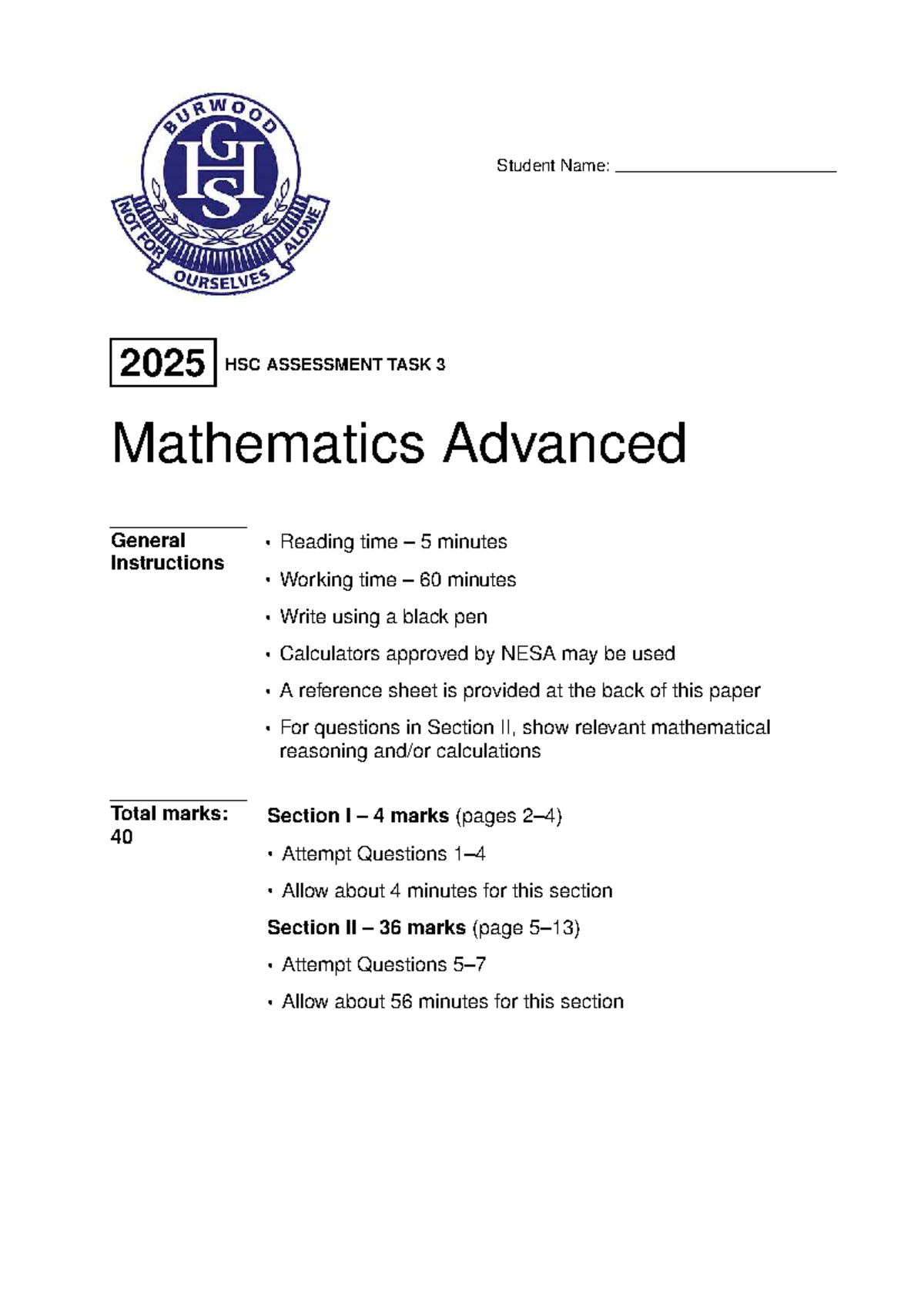2025 HSC Mathematics Advanced Assessment Task 3 Guide - Studocu