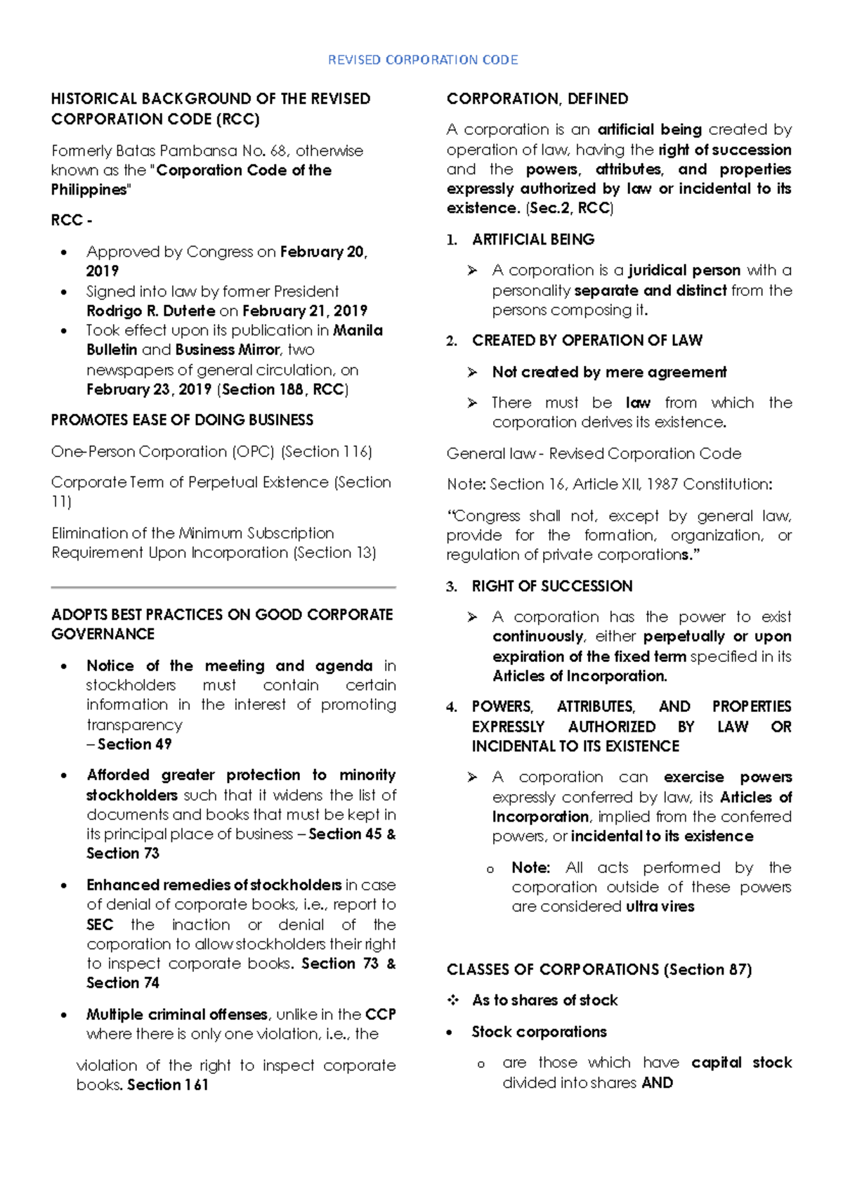 Revised Corporation Code (RCC) - Comprehensive Reviewer Guide - Studocu