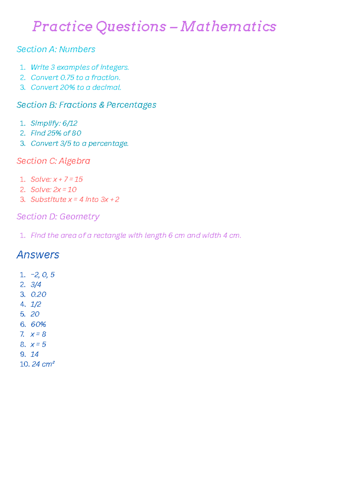 Practice Questions – Mathematics - Practice Questions – Mathematics ...