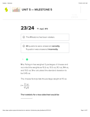 Statistics final sa - Milestone of sophia - 1 21/25 that's 84% RETAKE ...