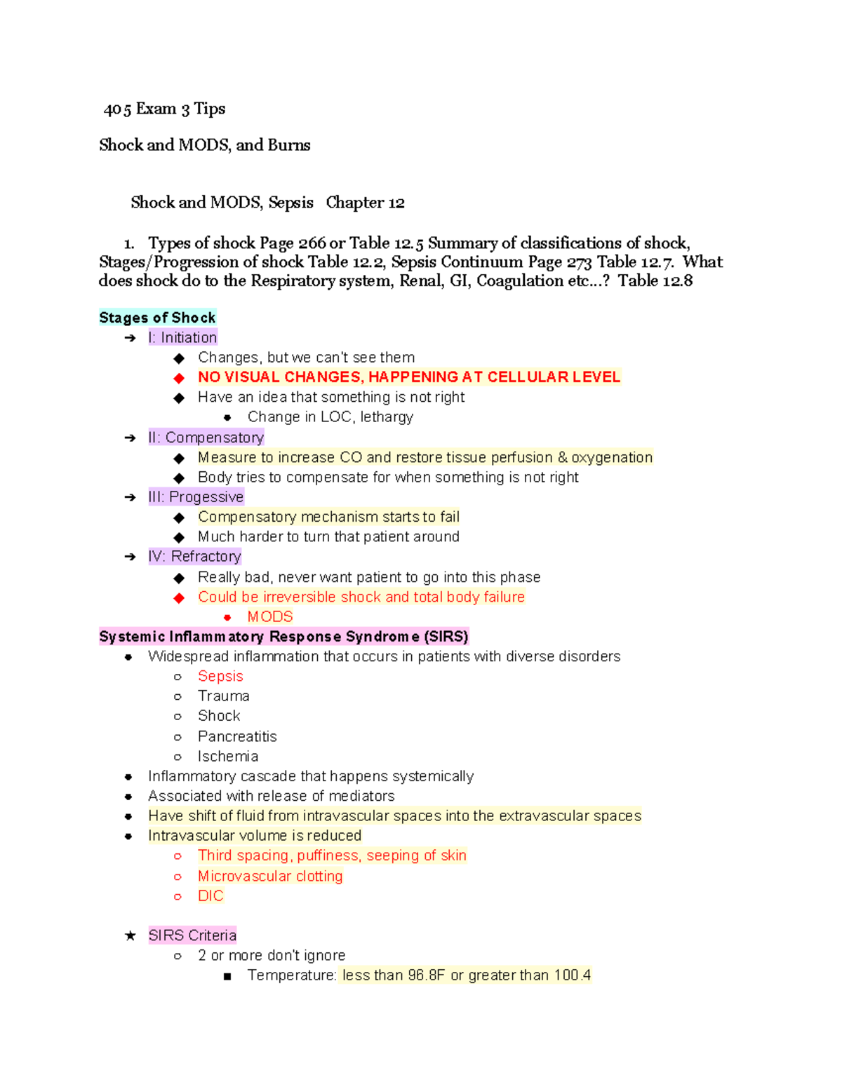 405 Exam 3 Tips: Shock, MODS, and Burns Overview - Studocu