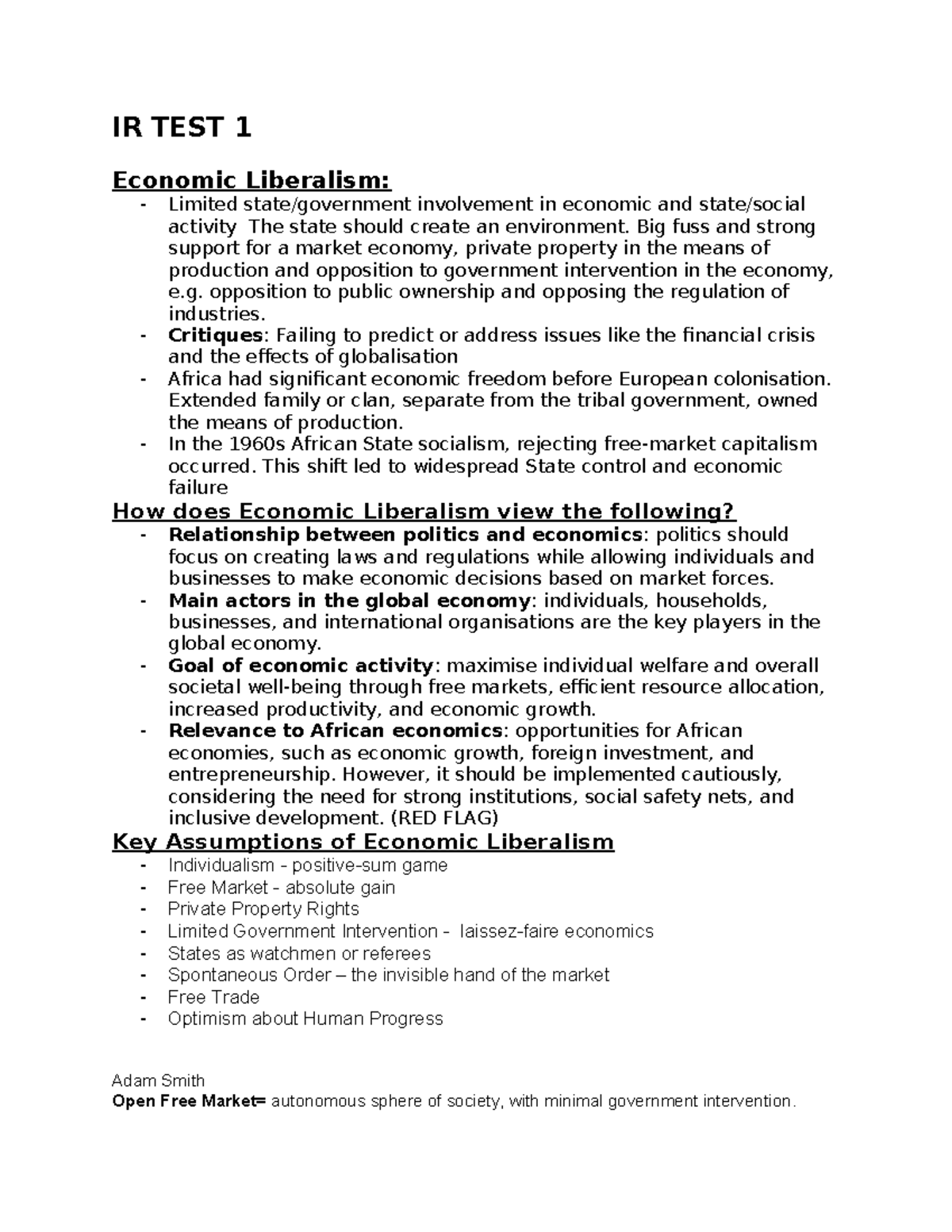IR IPE theories test notes - IR TEST 1 Economic Liberalism: - Limited ...