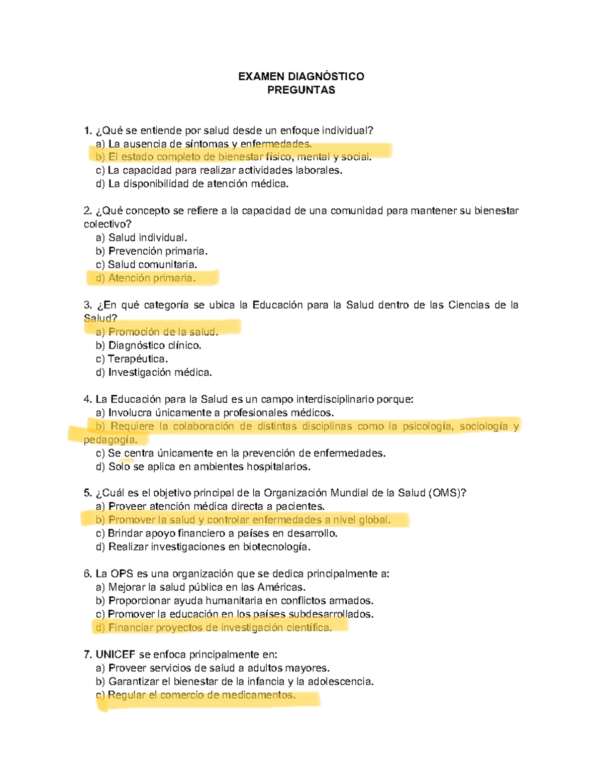 Examen Diagnóstico de Salud y Bienestar: Preguntas Clave - Studocu