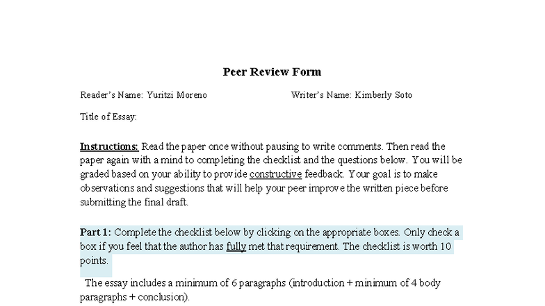 Peer Review Form for Essay - KS - Studocu