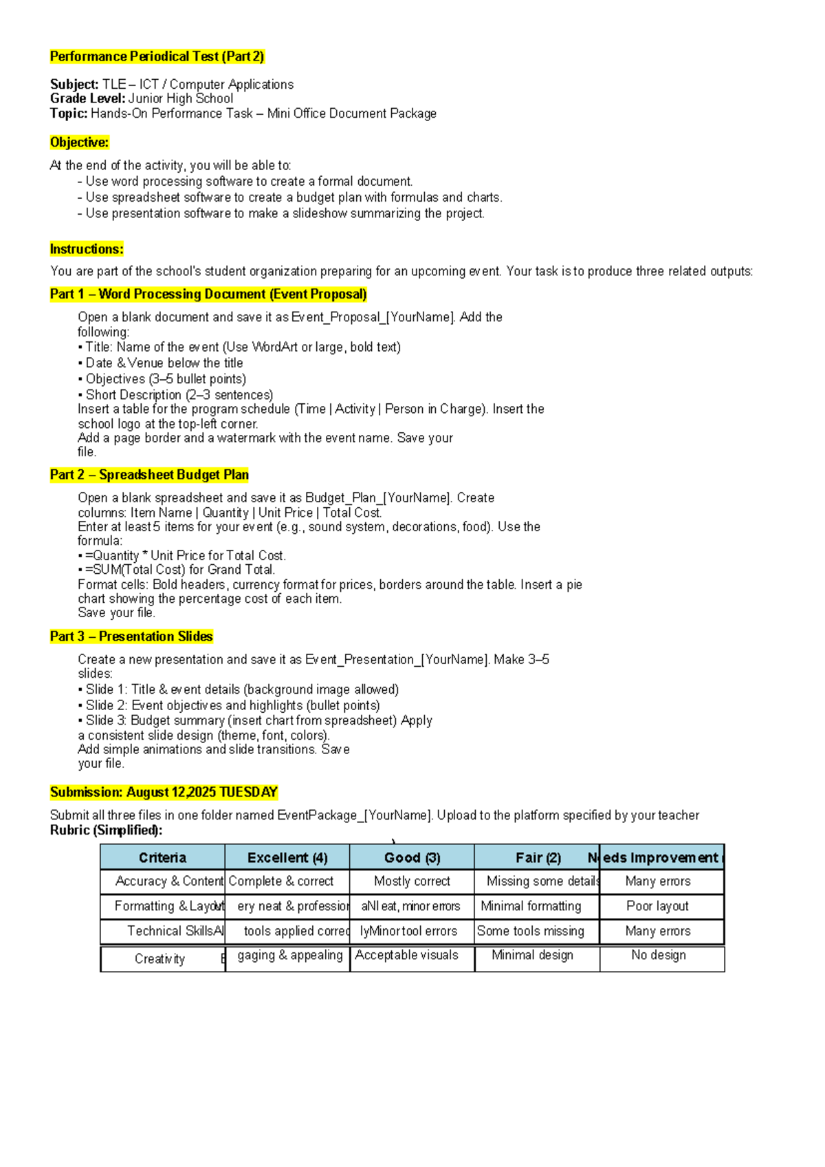 Basic Computer Application Performance Task (TLE ICT) - Studocu