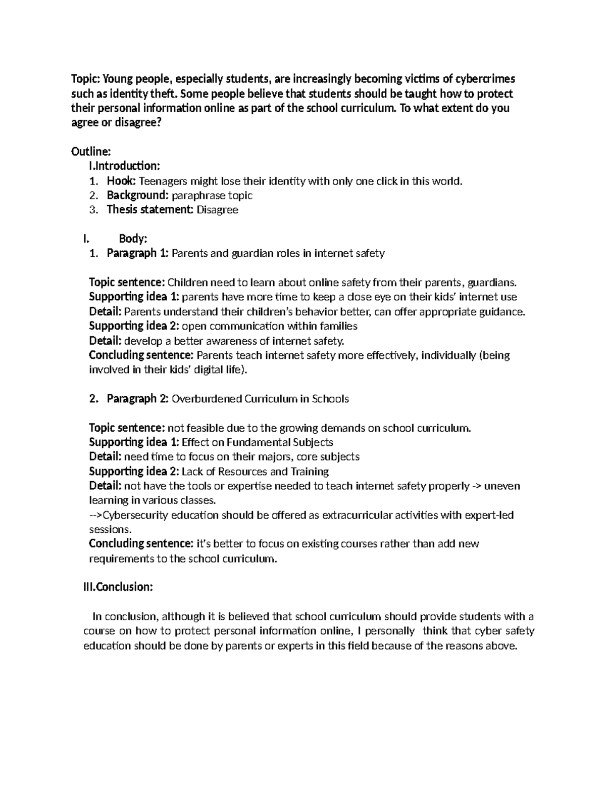 Essay Outline: Cyber Safety Education for Students - Group Panda - Studocu