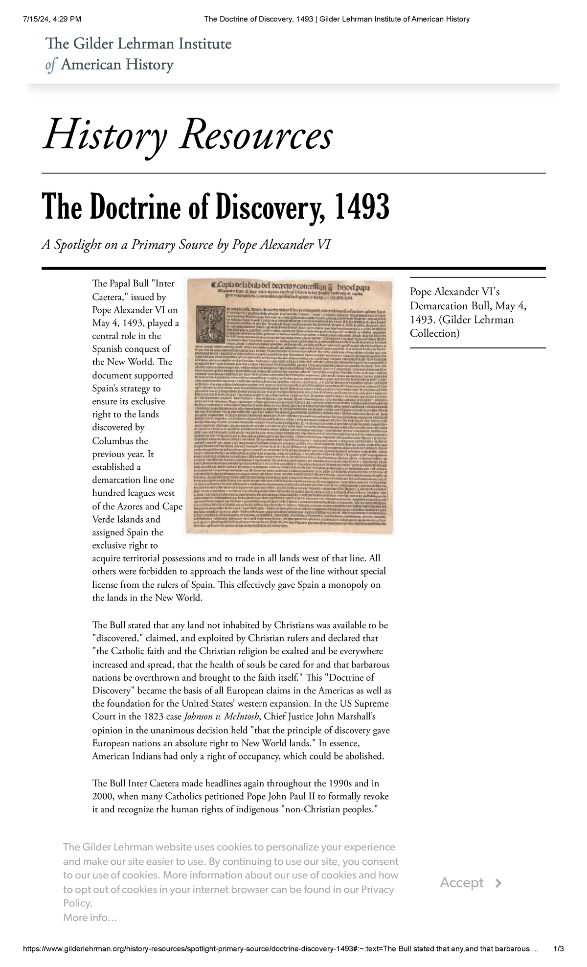 The Doctrine of Discovery, 1493: Insights from Pope Alexander VI's Bull ...