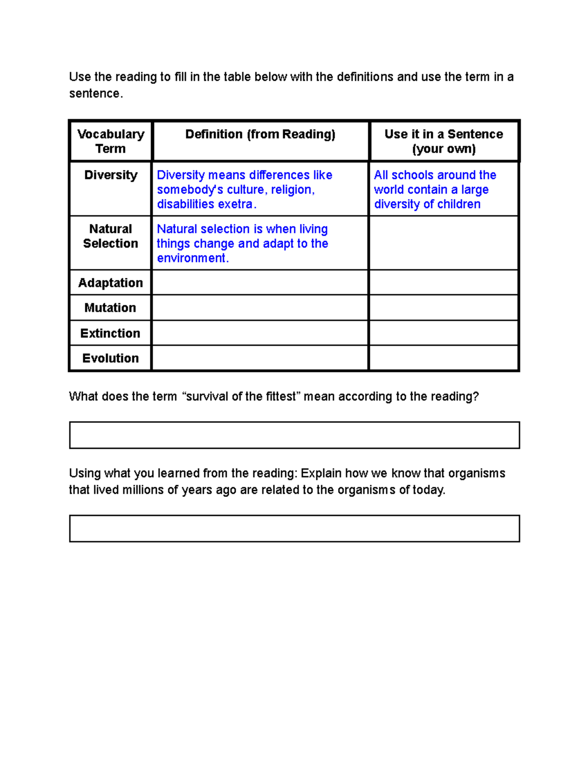 Changes Over Time Vocabularly - Use the reading to fill in the table ...