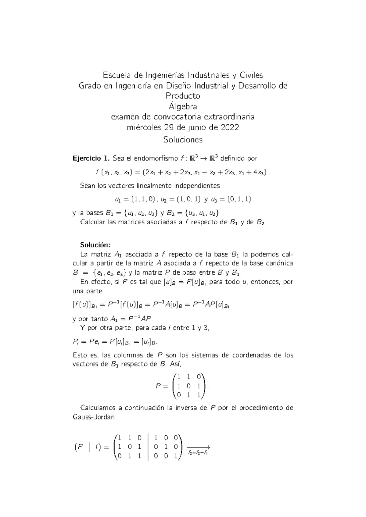 Examen Extraordinario de Álgebra Diseño 2122: Soluciones y Ejercicios ...