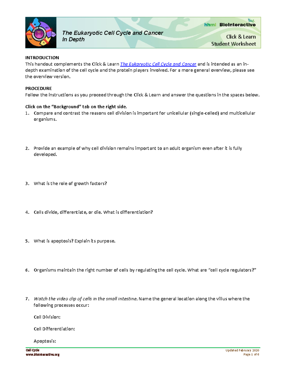 HHMI The Eukaryotic Cell Cycle and Cancer In Depth Student Worksheet ...