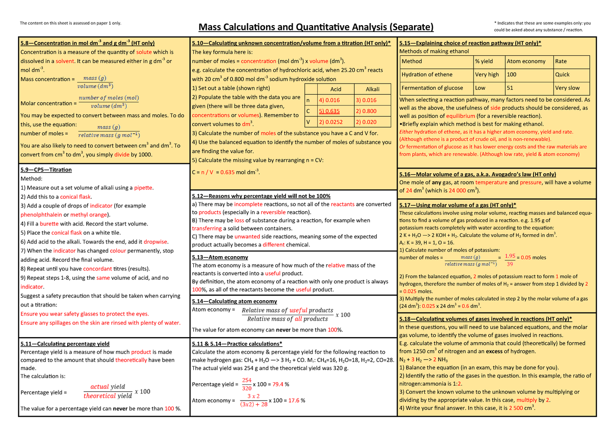Mass Calculations and Quantitative Analysis: Paper 1 Guide - Studocu