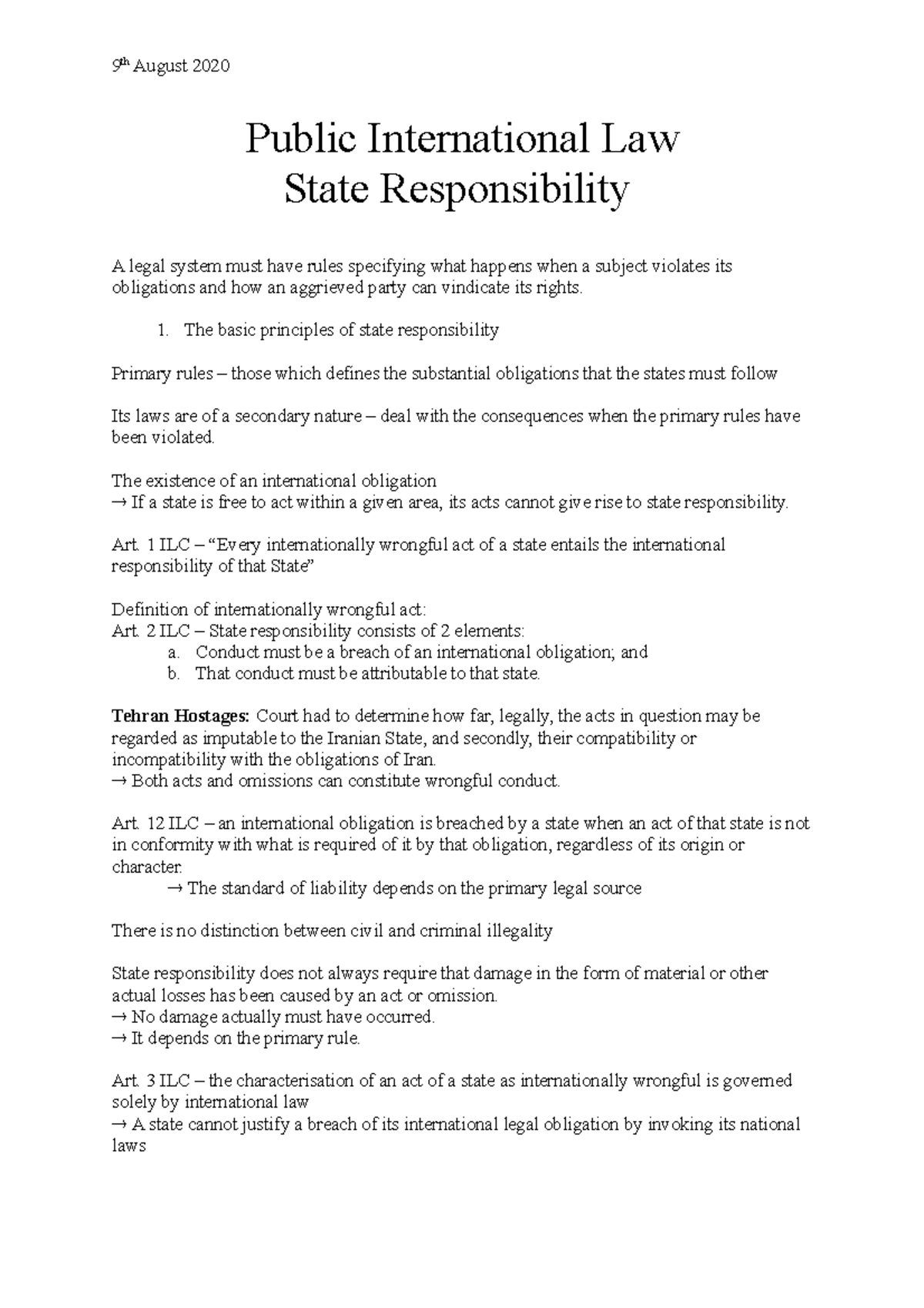 Public International Law - State Responsibility - 1. The basic ...