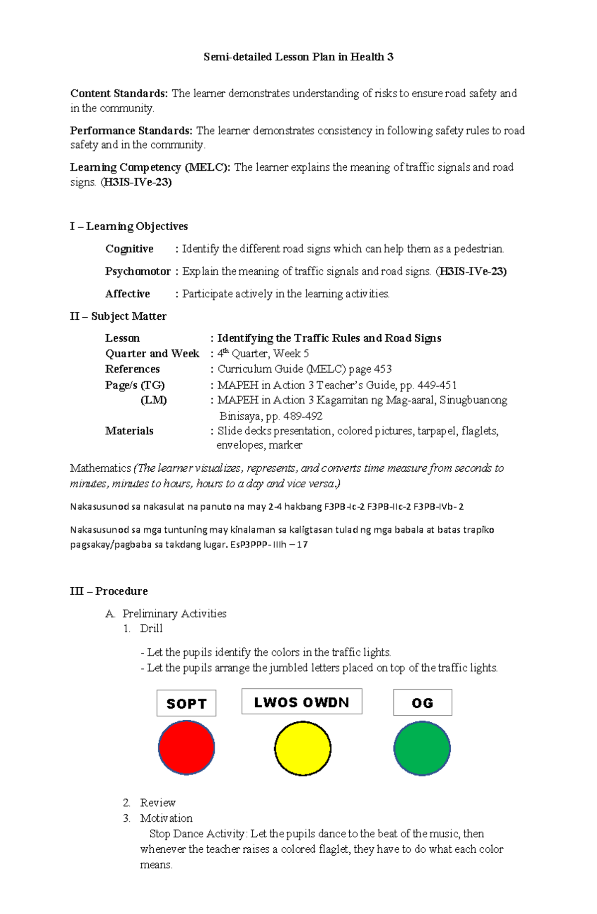 Health 3 Lesson Plan: Understanding Traffic Rules & Road Signs - Studocu