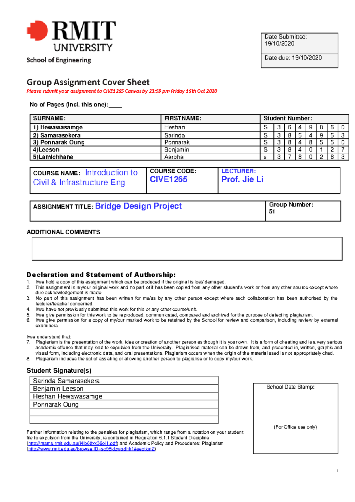 Bridge Design Report - School of Engineering Group Assignment Cover ...