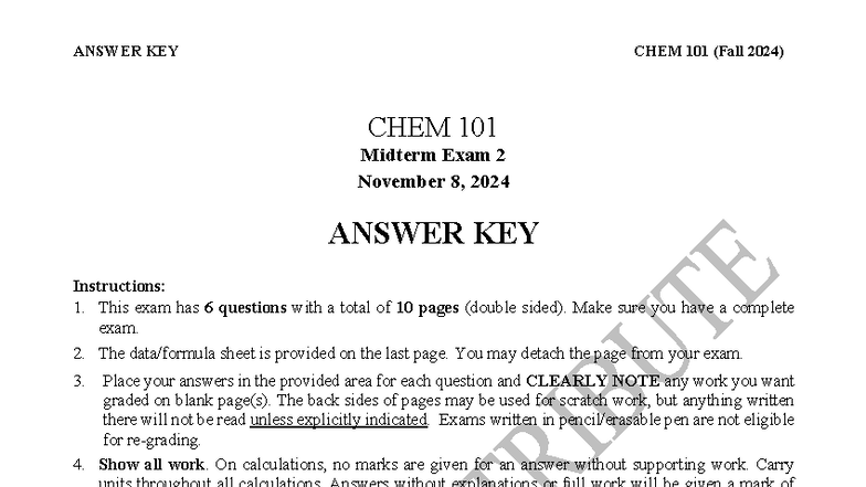 Chem 101 (Fall 2024) Midterm Exam 2 Answer Key - Studocu