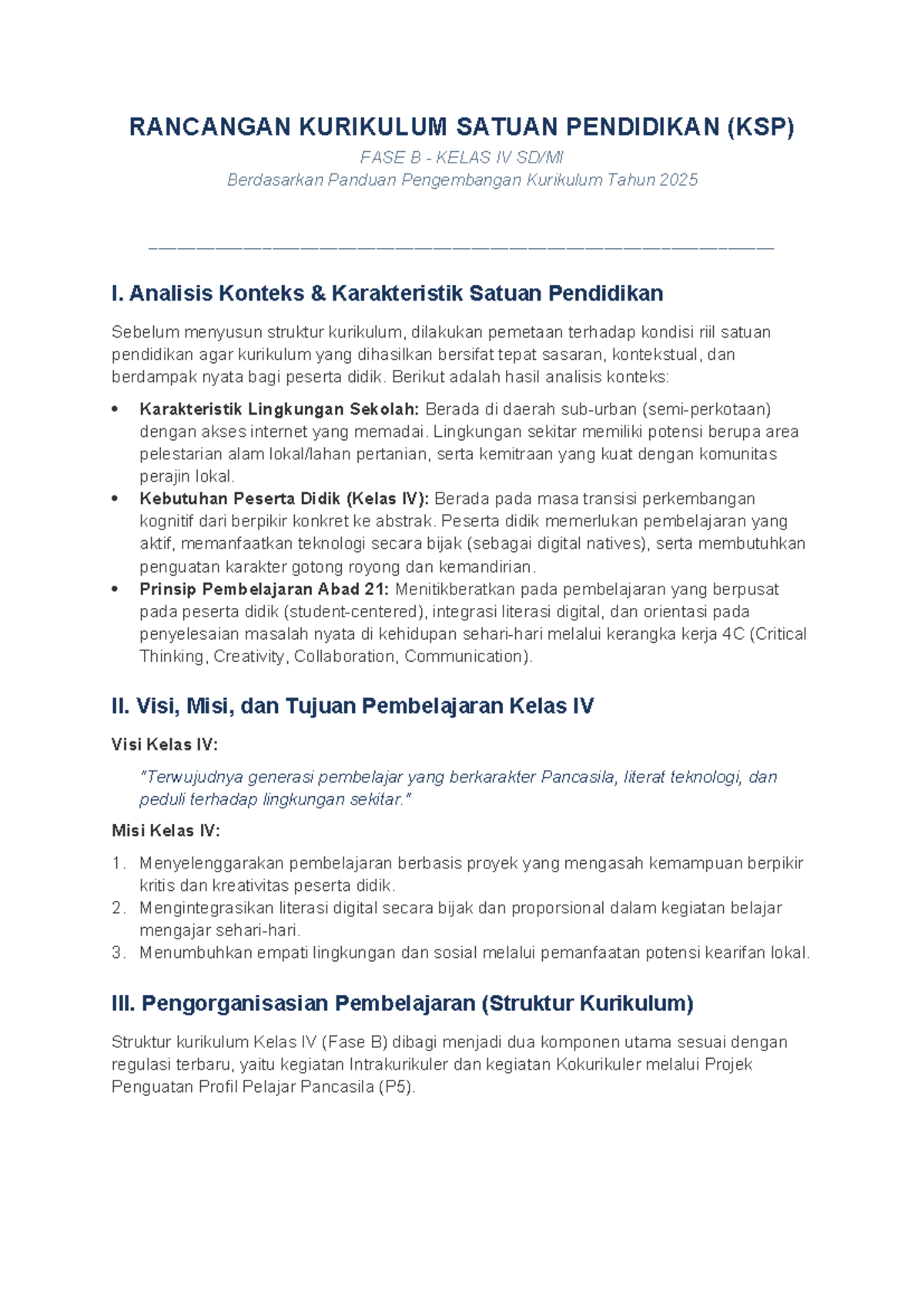 RANCANGAN KURIKULUM KELAS IV SD (KSP) FASE B TAHUN 2025 - Studocu