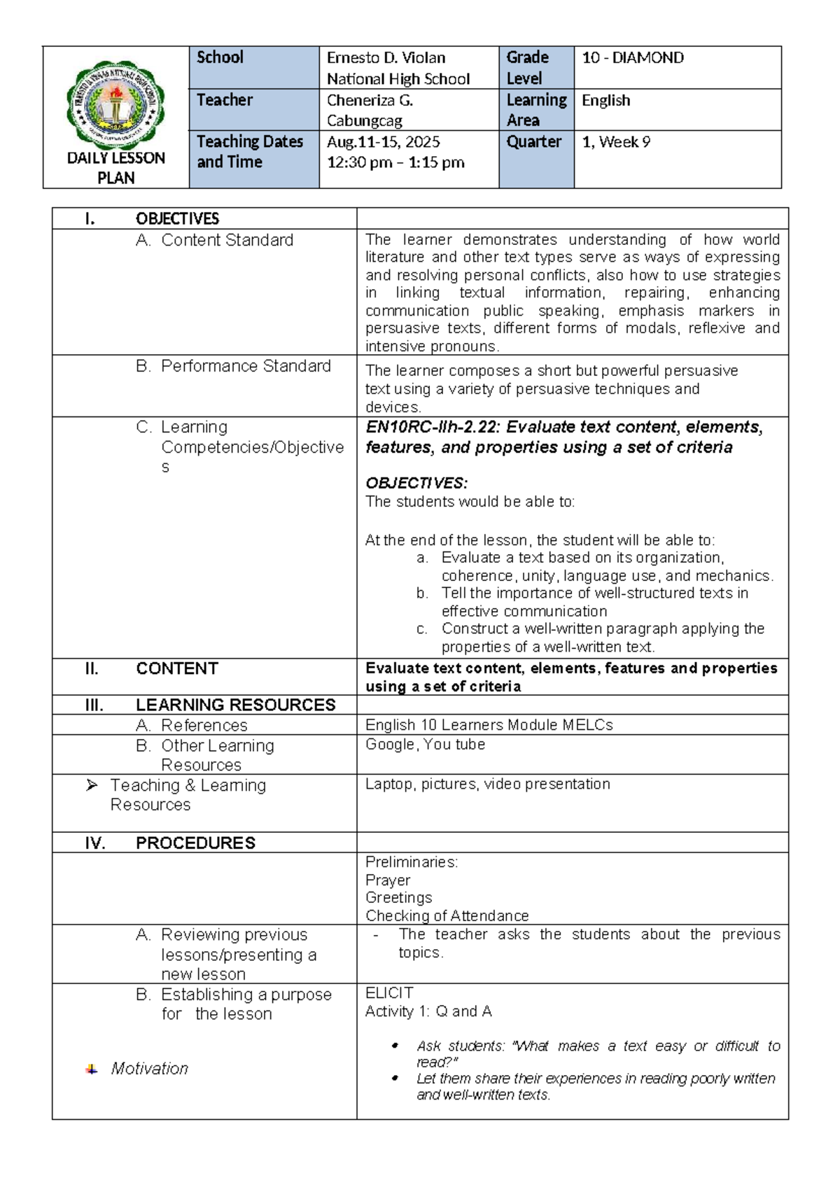 English 10 Daily Lesson Plan: Evaluating Texts and Communication Skills ...