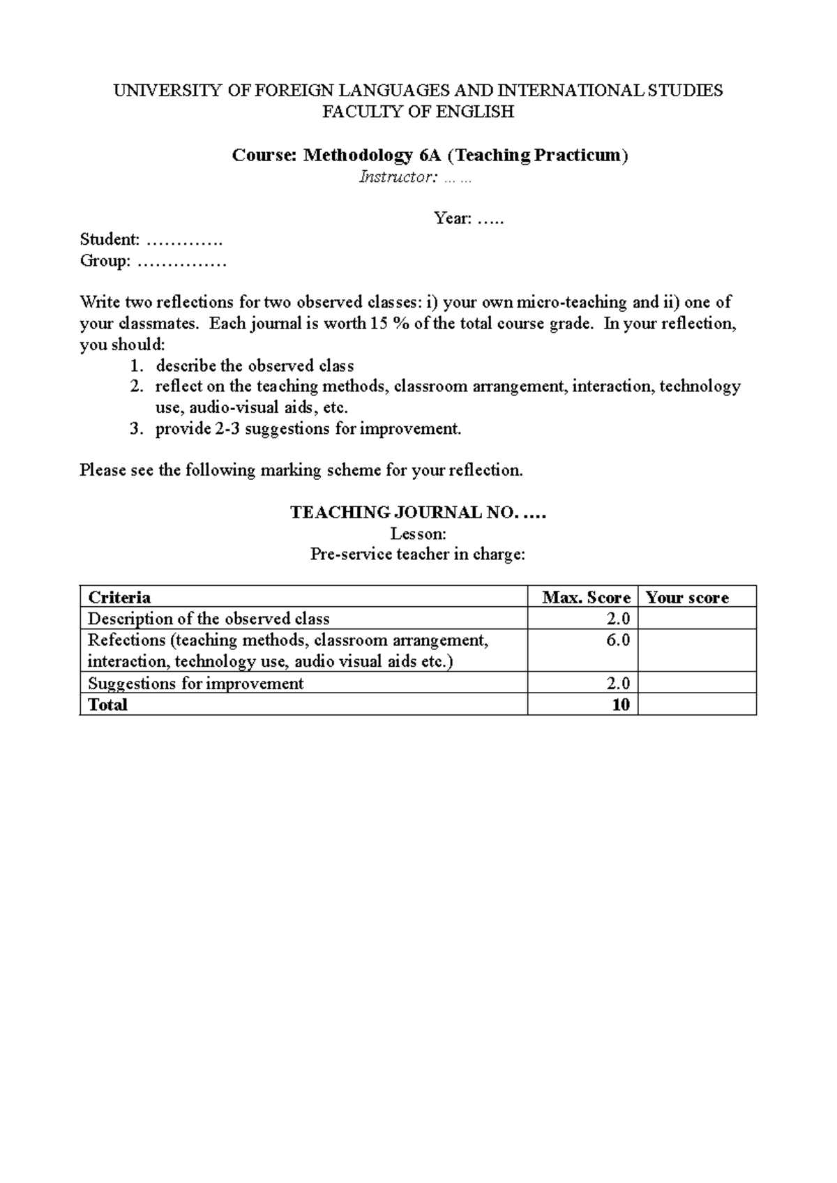Reflections on Observed Classes for Methodology 6A Teaching Practicum ...