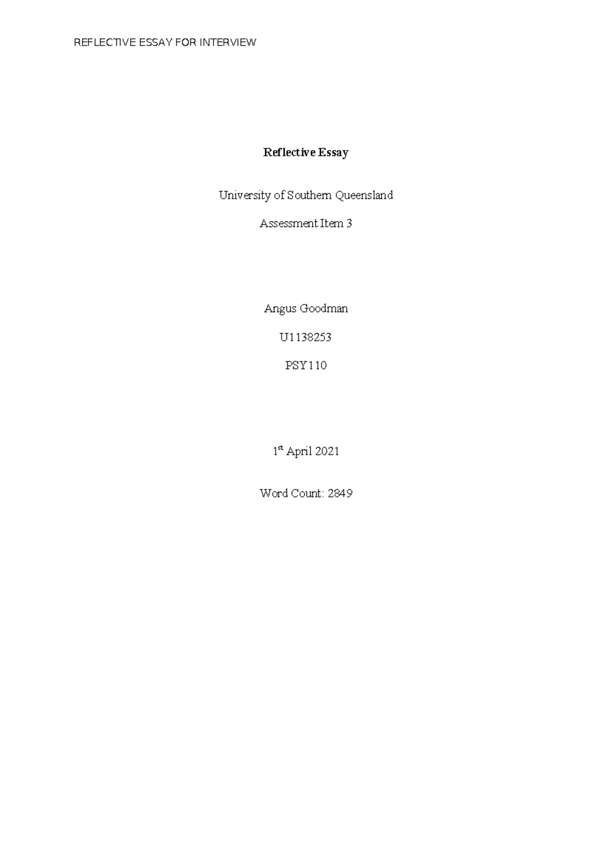 Reflective Essay on Interview Skills - PSY110 Assessment Item 3 - Studocu