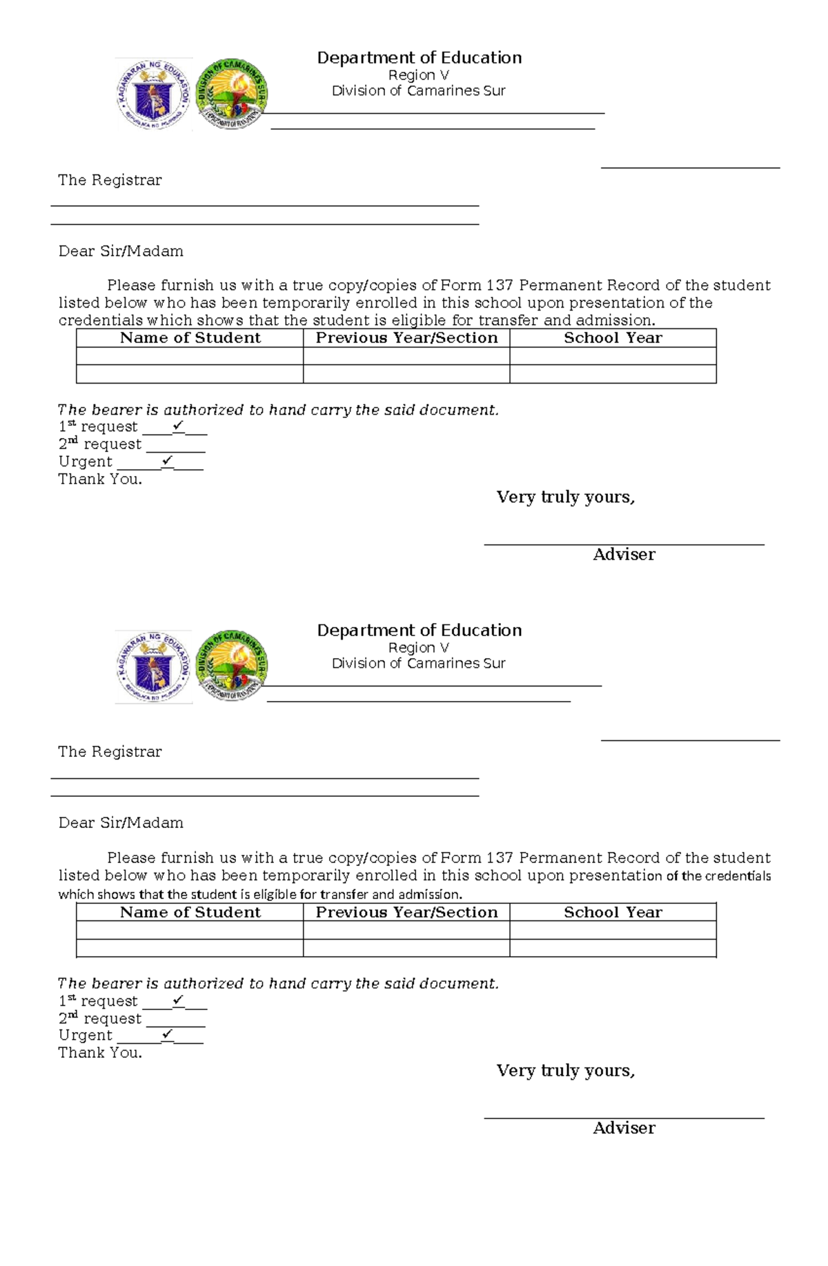 FORM 137 Request for Student Transfer Records - Studocu