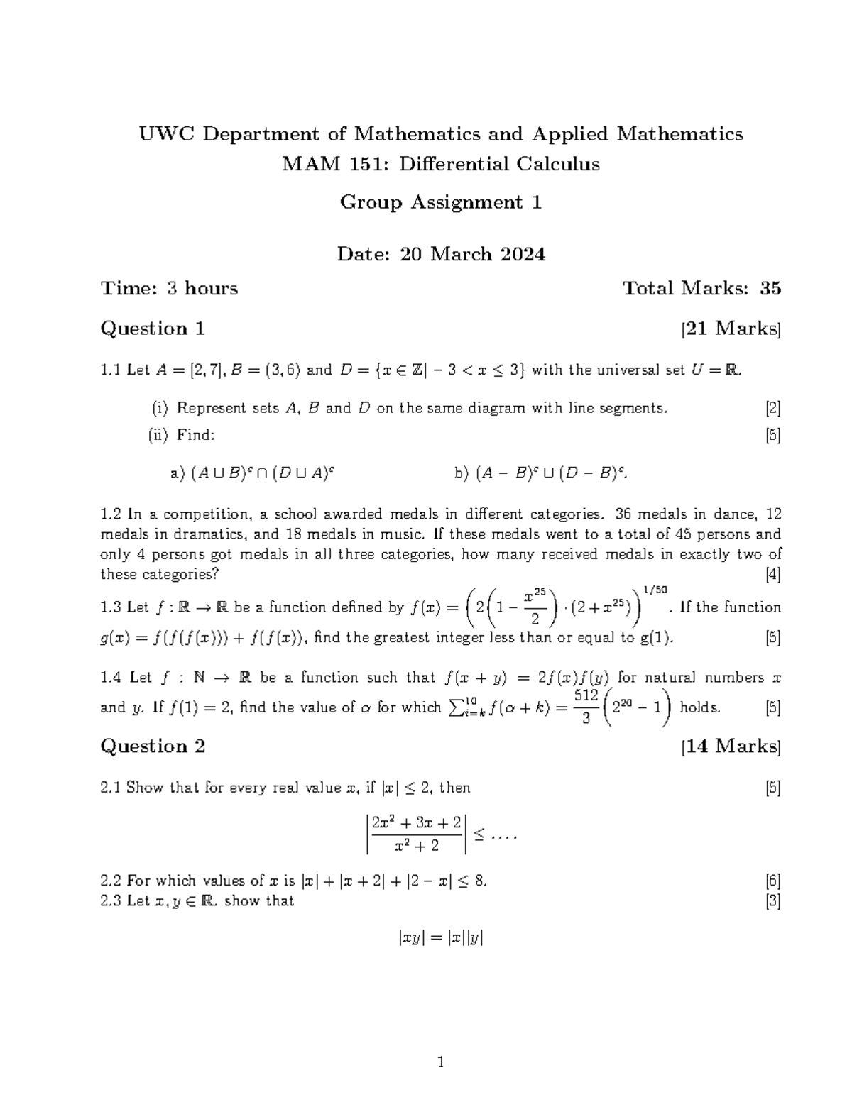 MAM 151: Differential Calculus Group Assignment 1 - March 2024 - Studocu