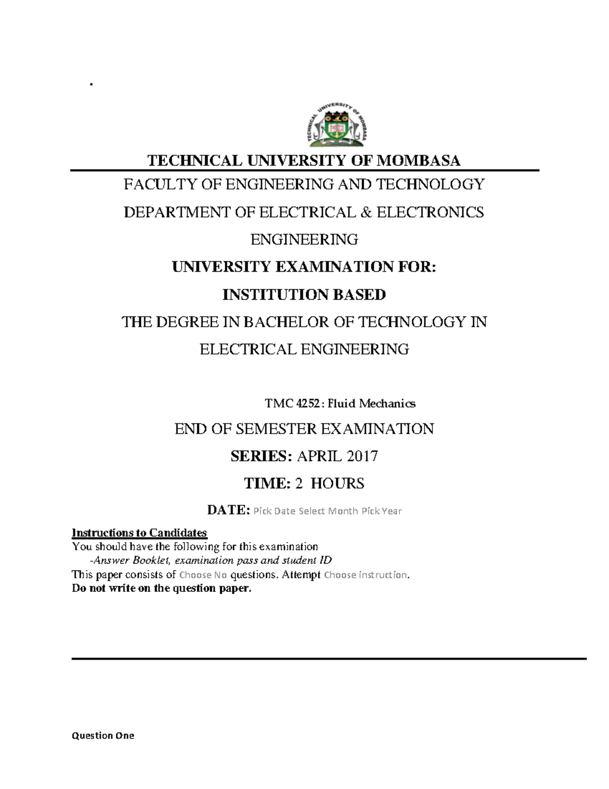 TMC 4252: Fluid Mechanics End of Semester Exam Paper - Studocu