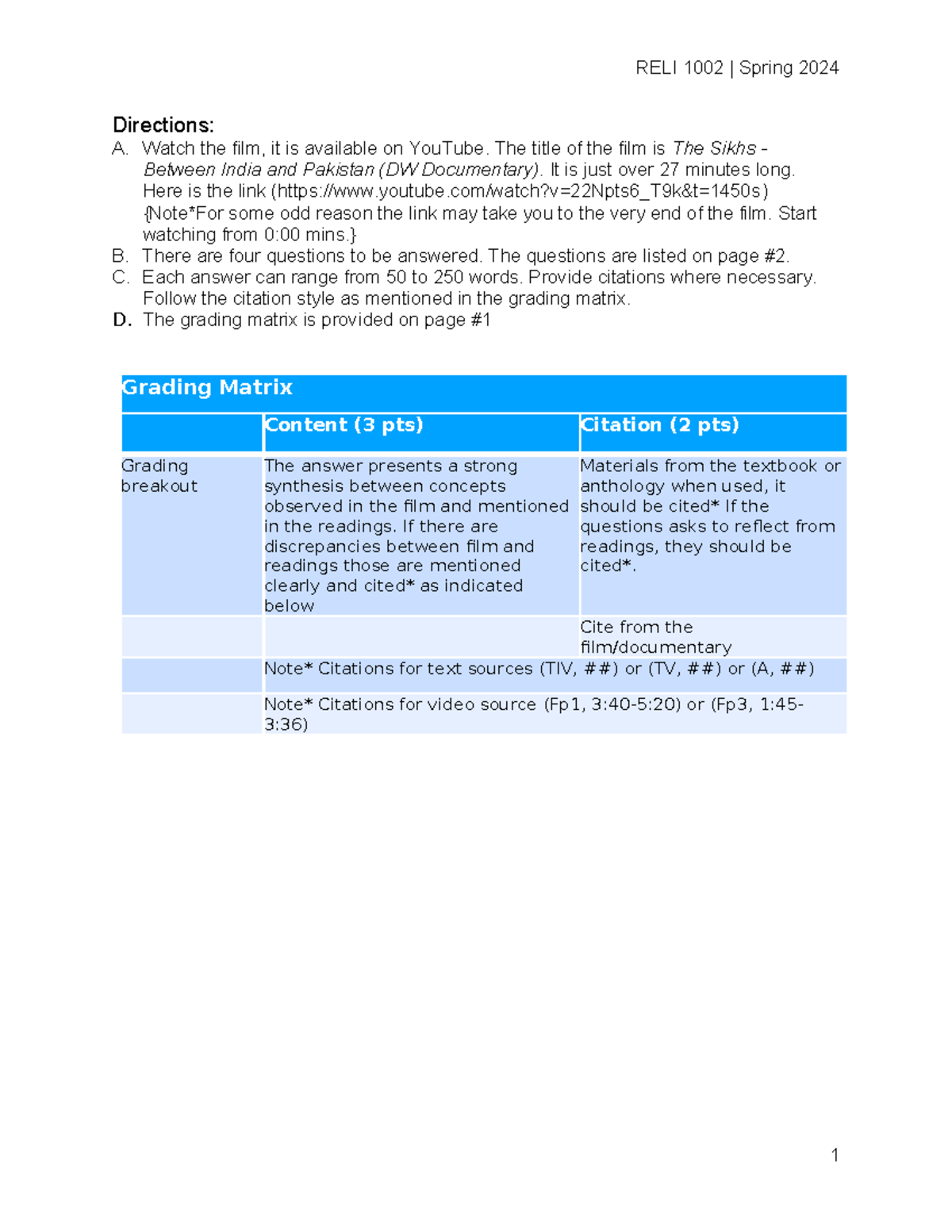 RELI1002 FA 2 - Film assignment. - RELI 1002 | Spring 2024 Directions: A. Watch the film, it is ...