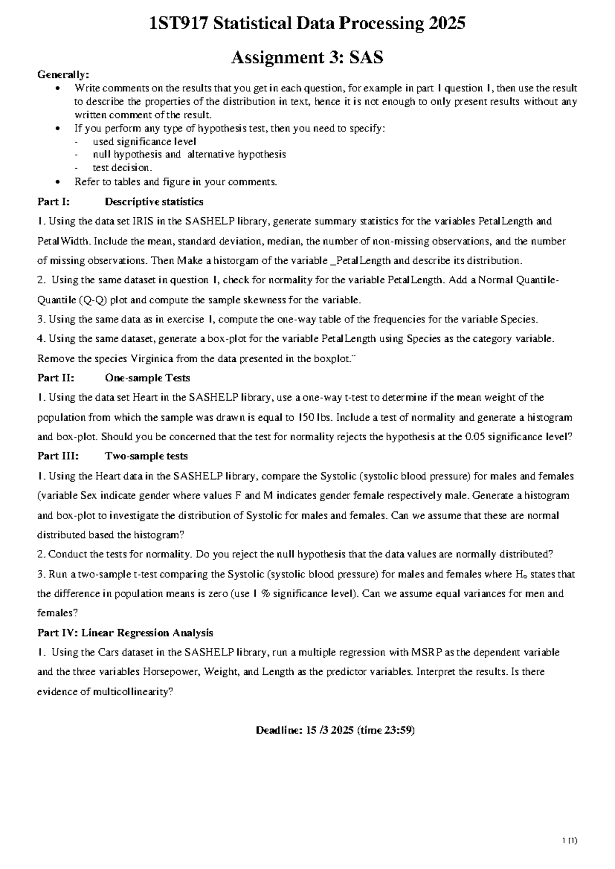 1ST917 Statistical Data Processing 2025 Assignment 3: SAS Analysis - Studocu