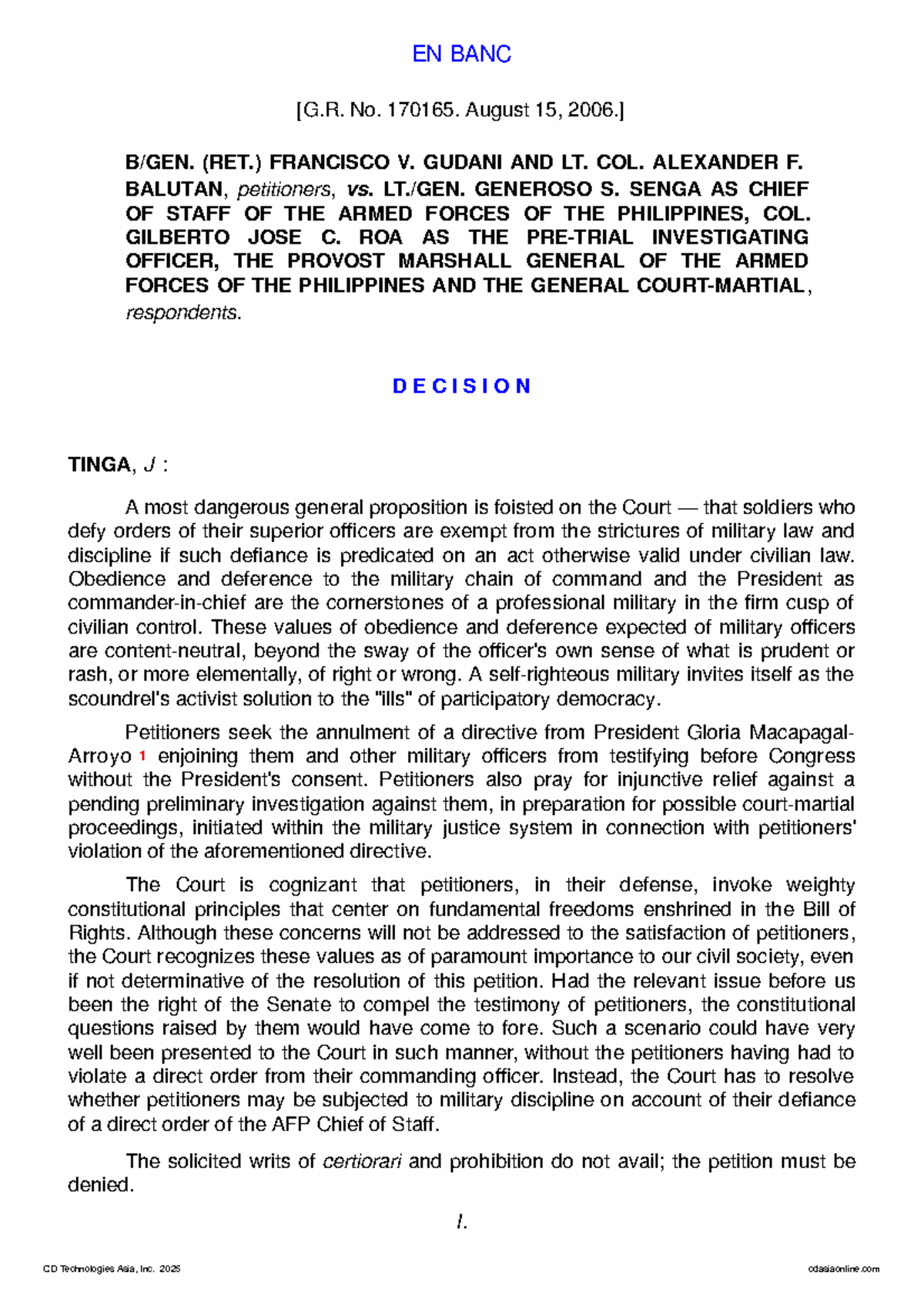 EN BANC No. 170165: Gudani & Balutan vs. Senga - Military Discipline ...
