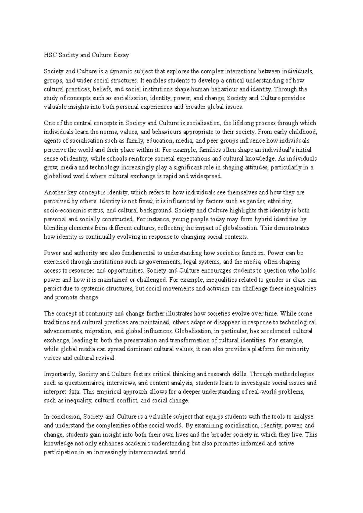HSC Society and Culture Essay: Exploring Identity, Power, and Change ...