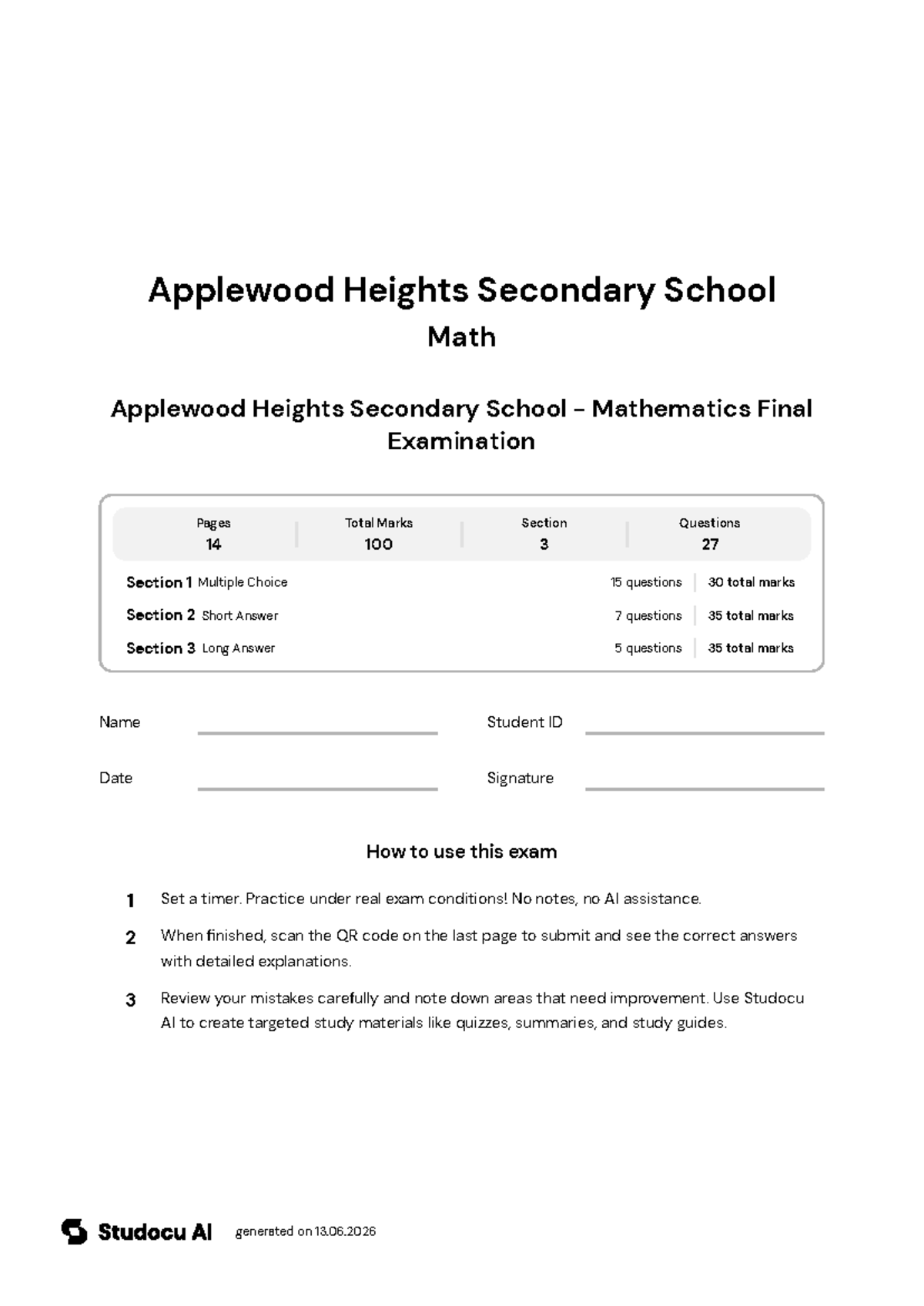 Mathematics Final Exam - Applewood Heights Secondary School - Studocu