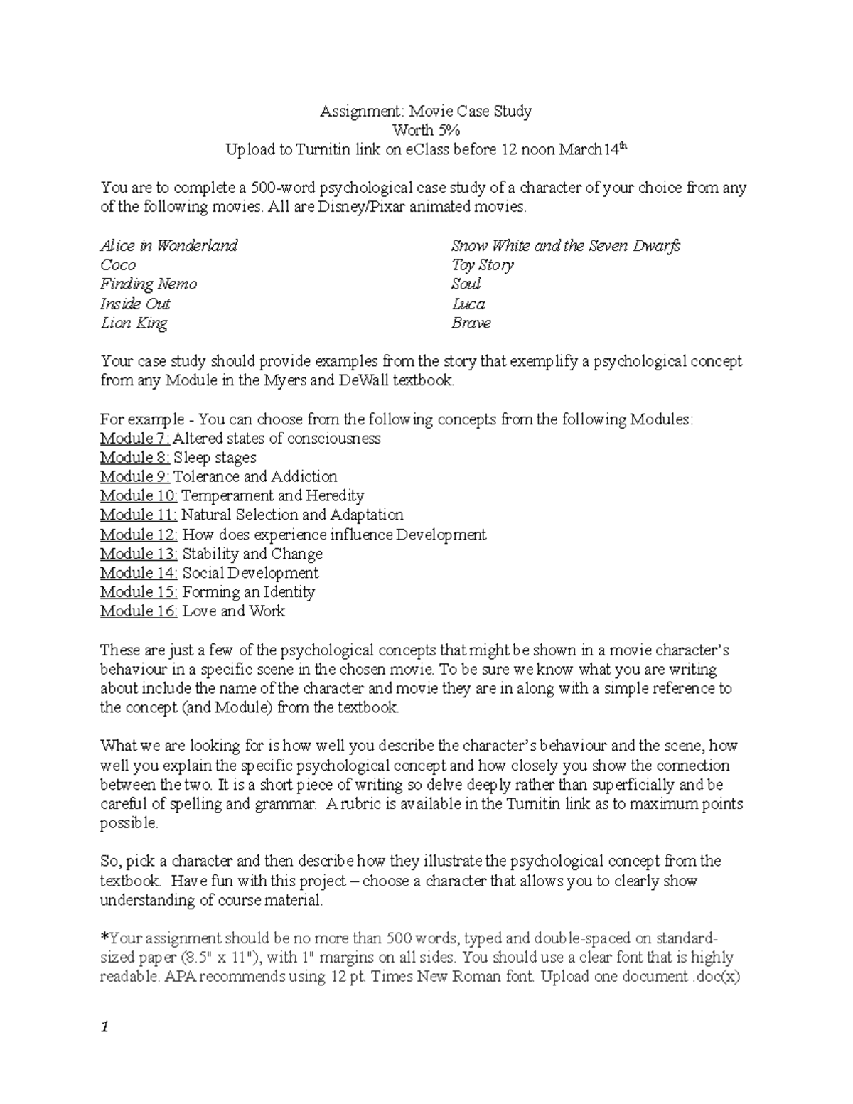 PSYC 101: Disney/Pixar Movie Case Study Assignment on Psychology ...