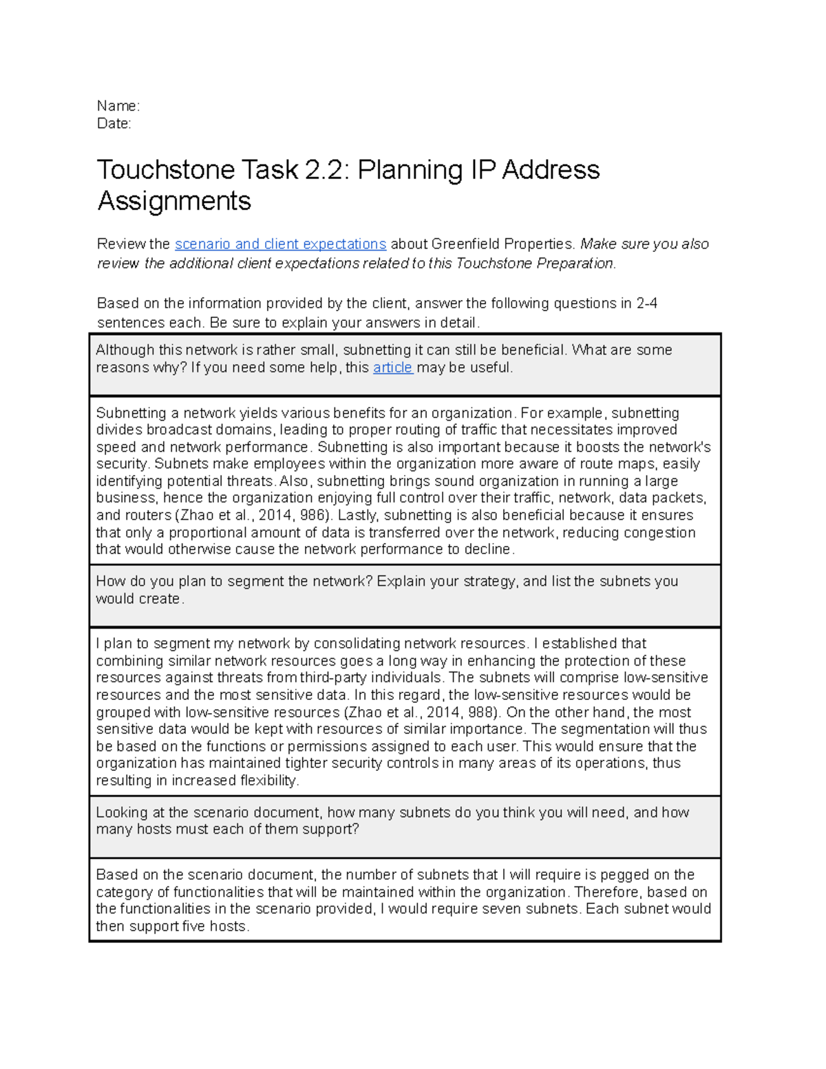 Touchstone Task 2 - ggfgh - Name: Date: Touchstone Task 2: Planning IP Address Assignments ...